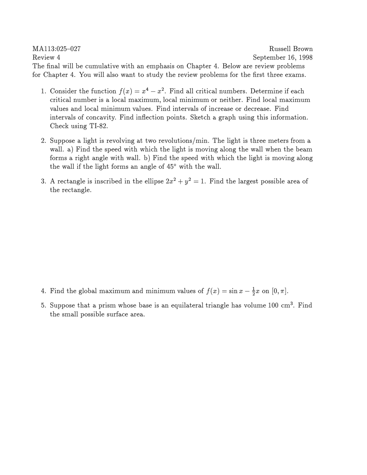 Calculus I Review Sheet For Exam 4 Ma 113 Docsity