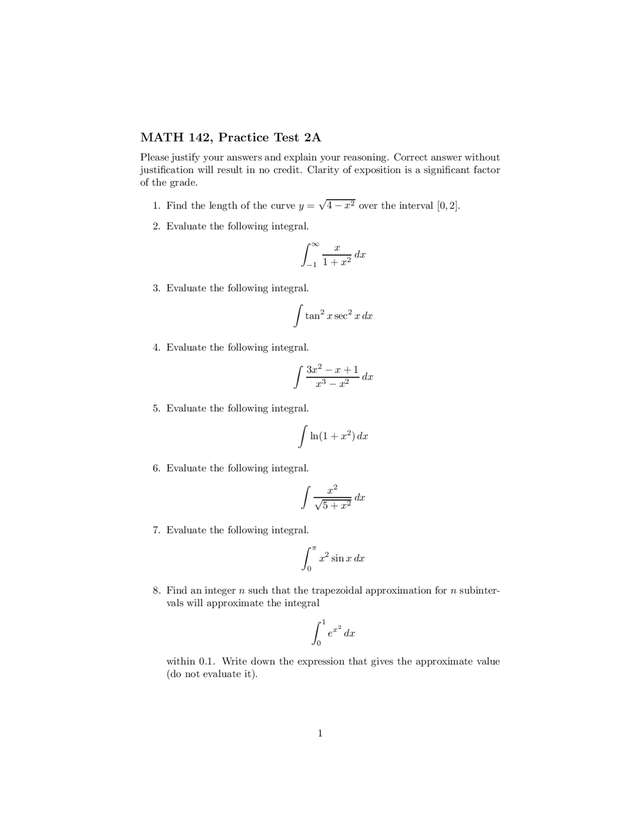 Practice Test II Questions on Calculus II | MATH 142 - Docsity