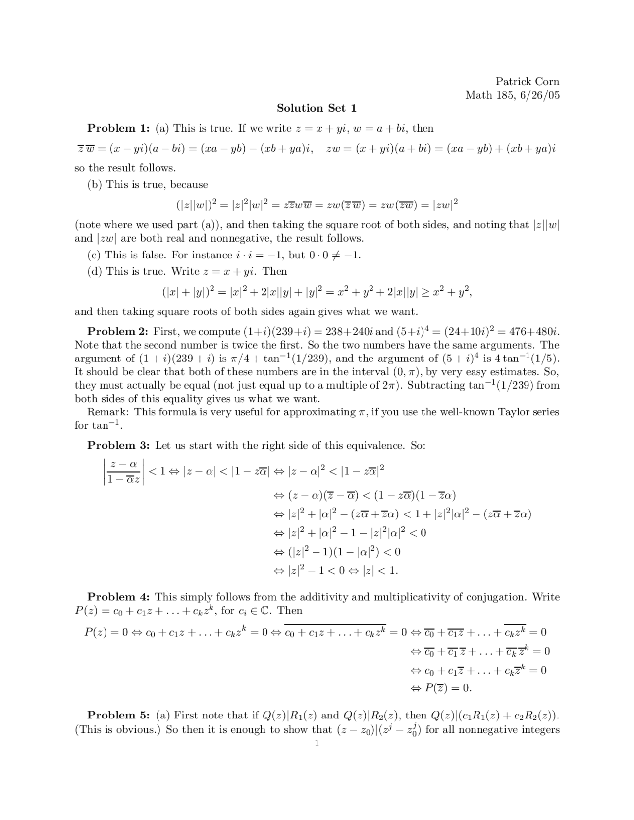 Solution Set 1 For Introduction To Complex Analysis Math 185 Docsity