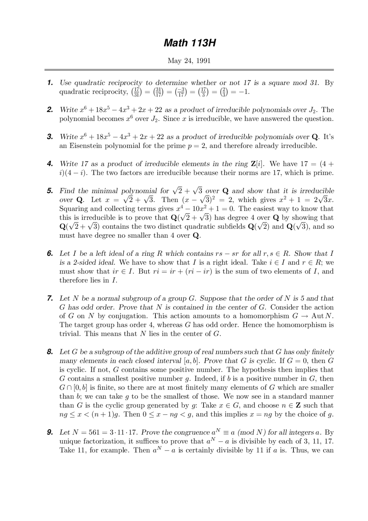 12 Questions For Introduction To Abstract Algebra Assignment Math