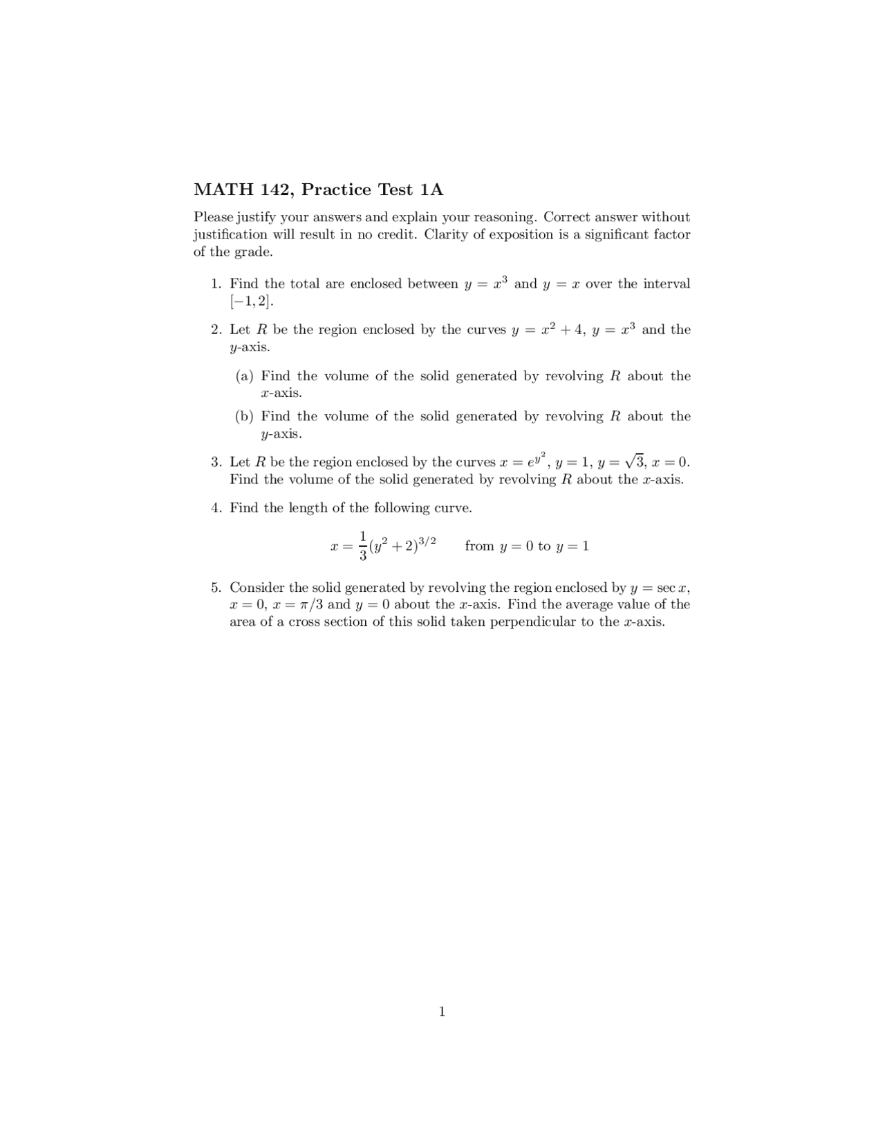 Practice Questions For Exam 1 Calculus Ii Math 142 Docsity