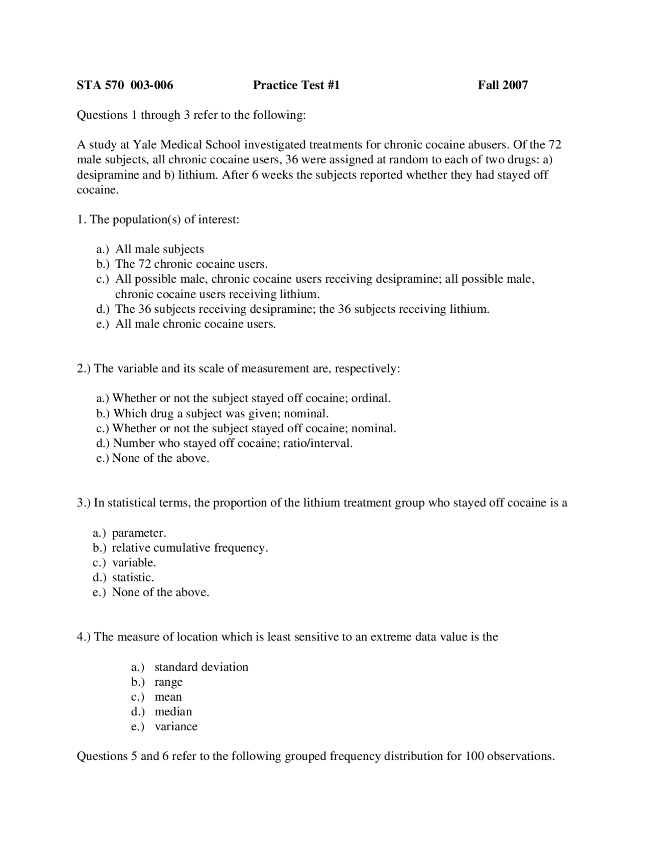 Practice Test 1 For Basic Statistical Analysis Sta 570 Docsity