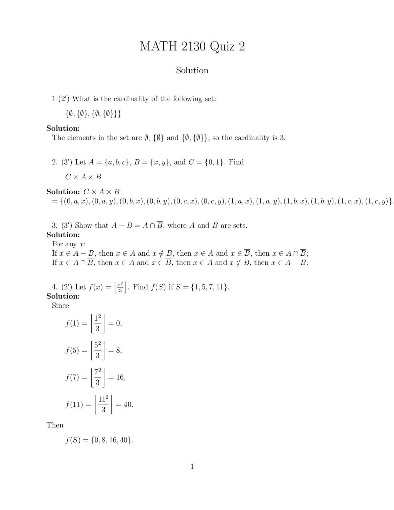 Solutions To Quiz 2 Discrete Mathematics Math 2130 Docsity
