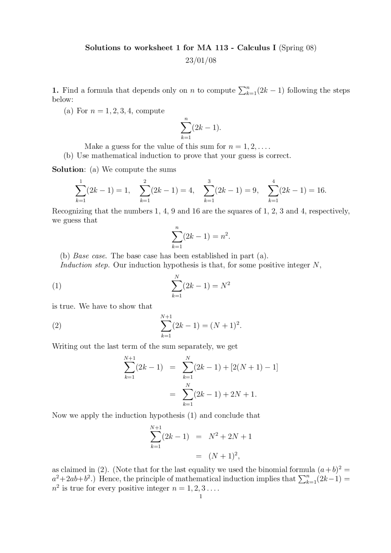Worksheet 1 Questions With Solutions For Calculus I Ma 113 Docsity