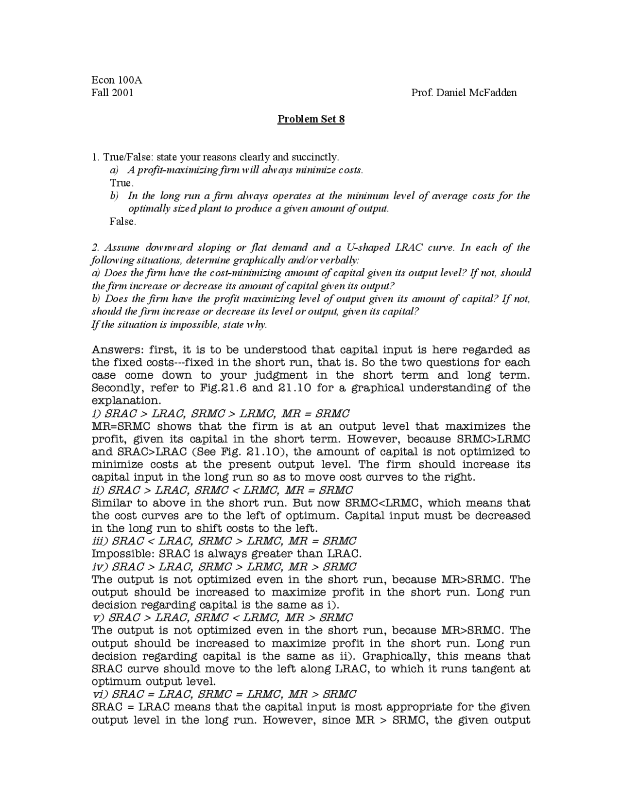 Problem Set 8 Solutions Microeconomics Analysis Econ 100a Docsity