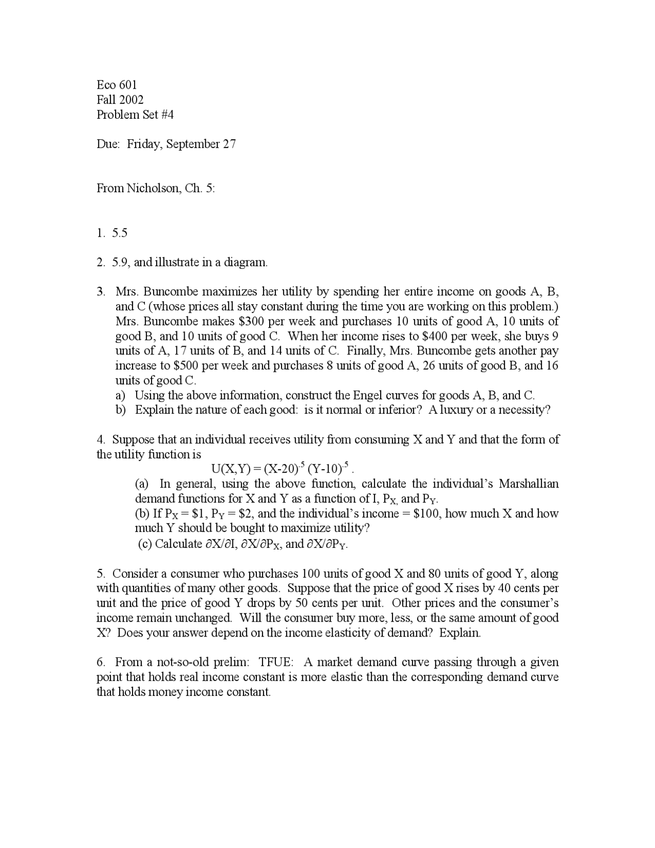 6 Problems On Advanced Microeconomics Theory Problem Set 4 Eco 601