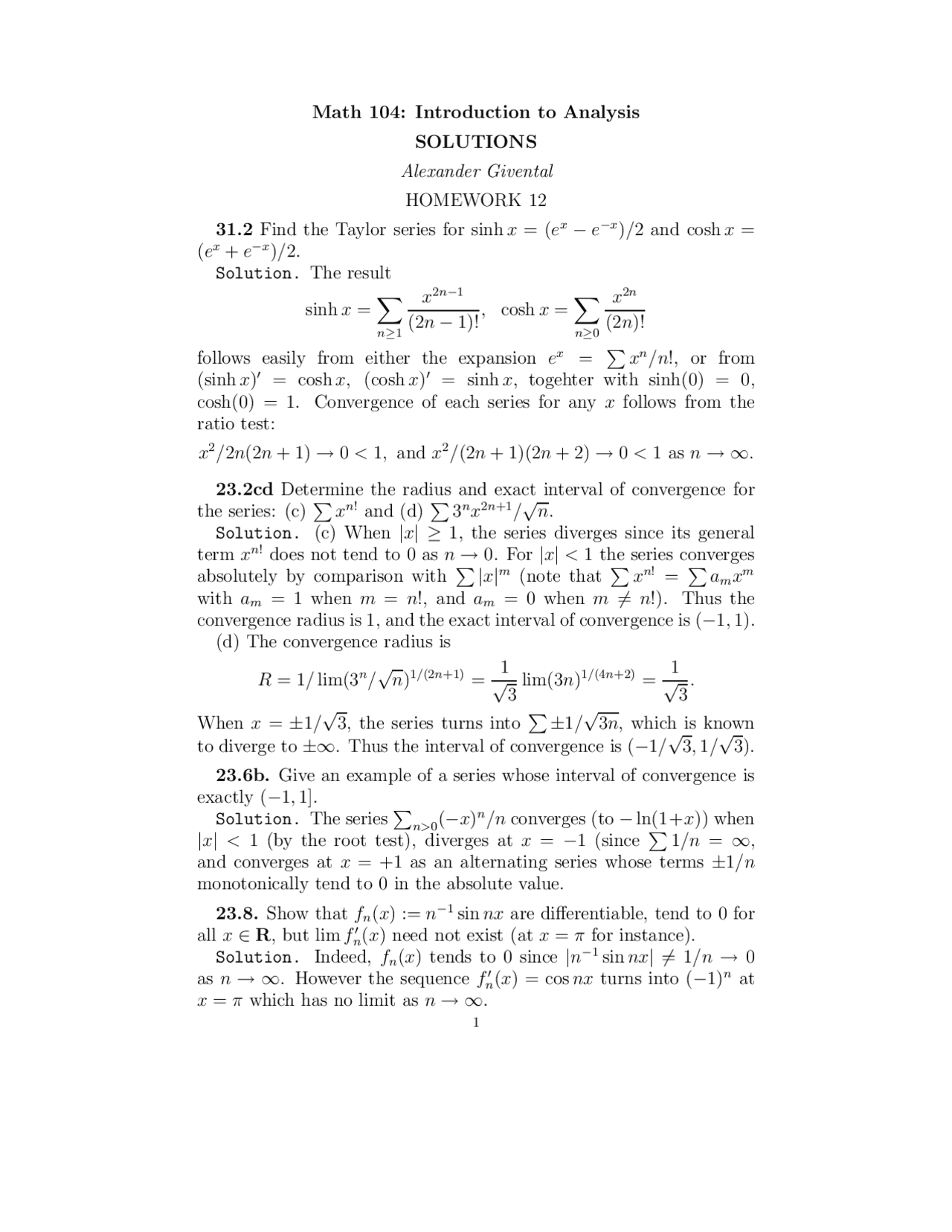 Solutions to Math 104 Homework: Taylor Series and Convergence of Series | Assignments ...