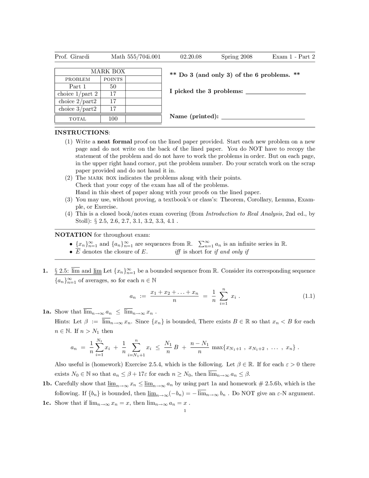 Questions On Analysis Ii Old Exam 1 Spring 2008 Math 555 Docsity