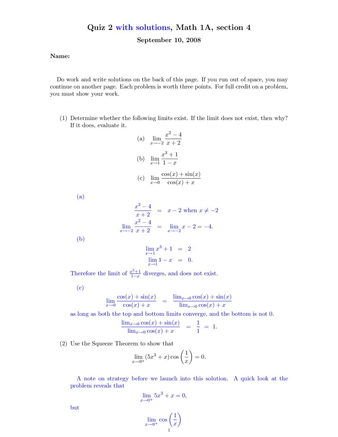 Quiz 2 With Solutions Calculus Math 1a Quizzes Calculus Docsity