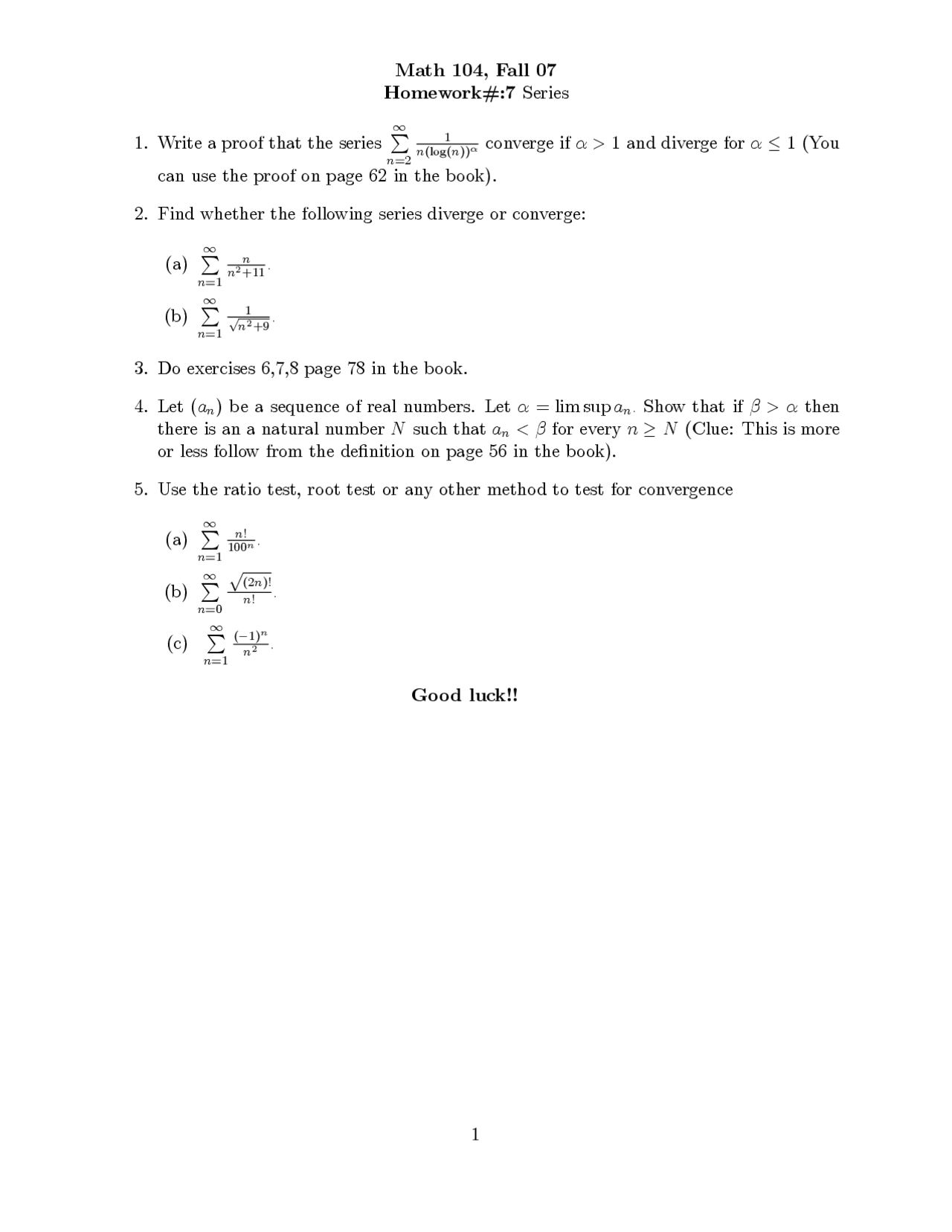 Assignment 7 Introduction To Analysis Fall 2007 Math 104 Docsity