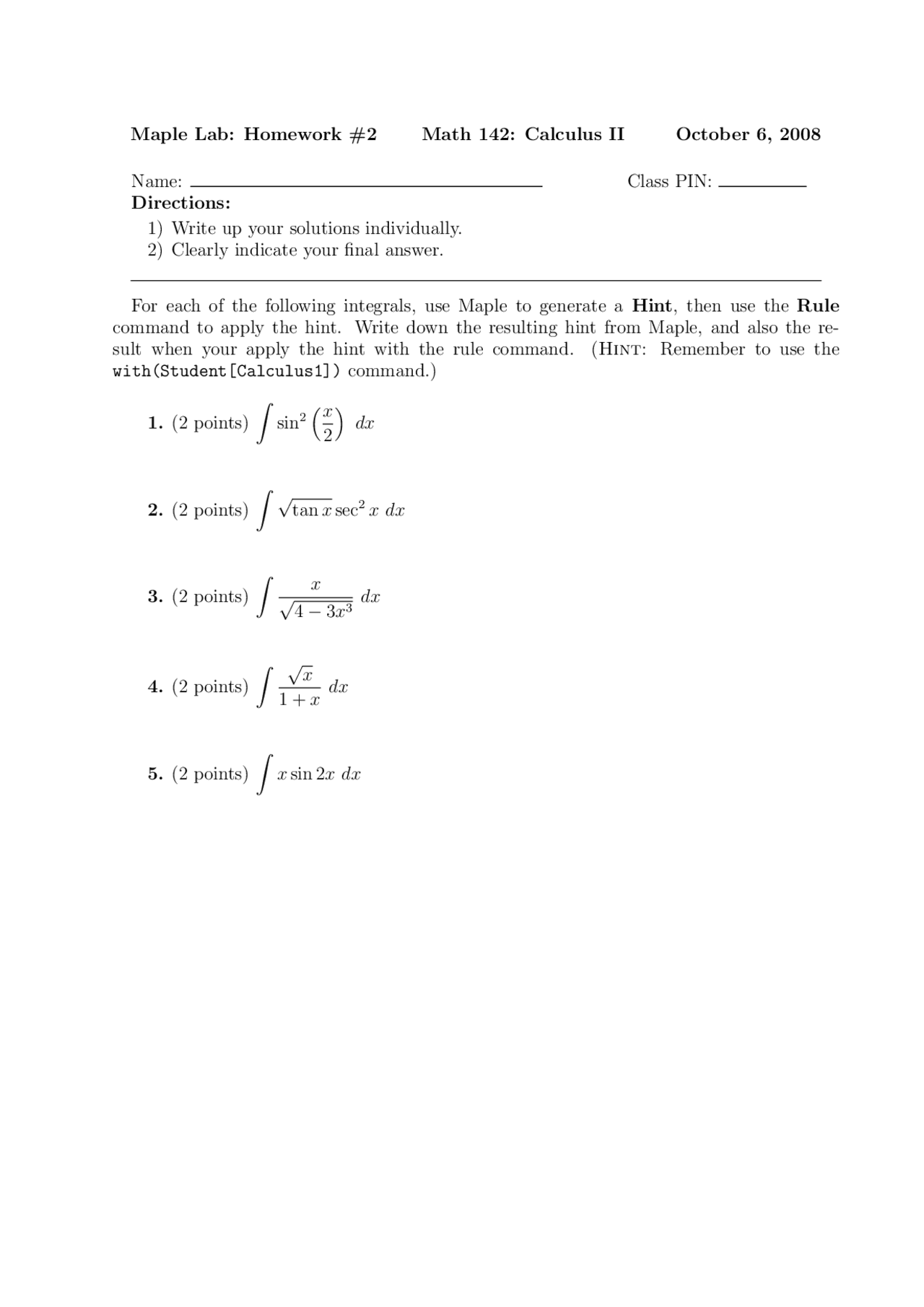 5 Questions for Assignment 2 - Calculus II - Fall 2008 | MATH 142 - Docsity