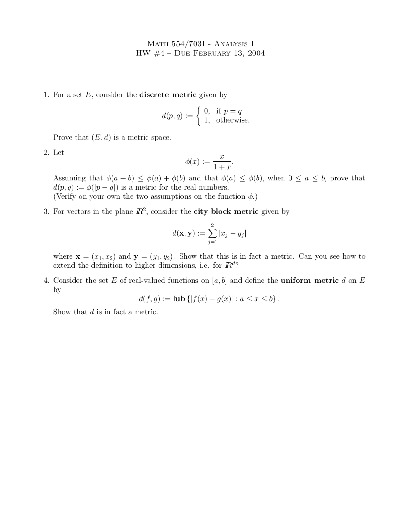 4 Questions On Analysis I Homework 4 Math 554 Docsity