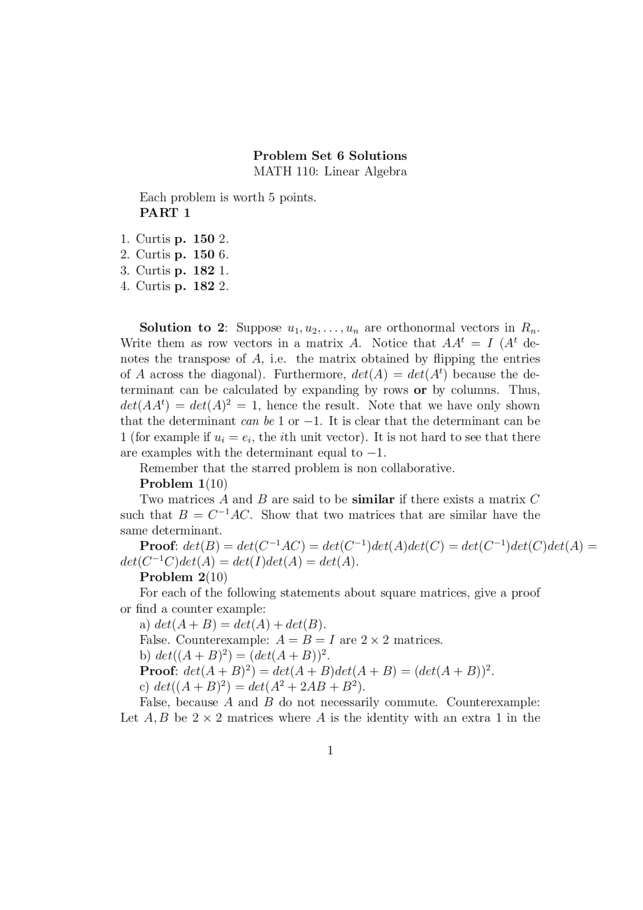 Problem Set 6 Solutions Linear Algebra Math 110 Docsity