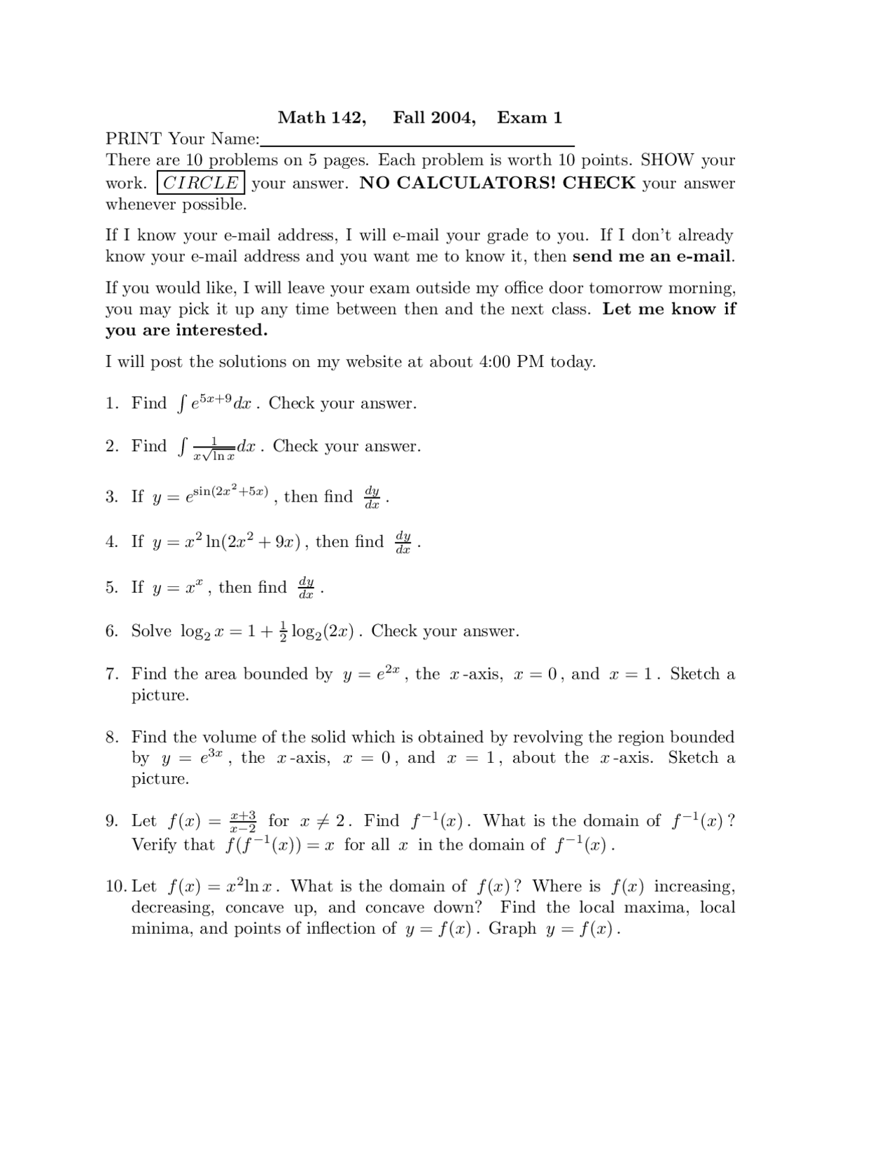 10 Questions For Calculus Ii Midterm Exam 2 Math 142 Exams