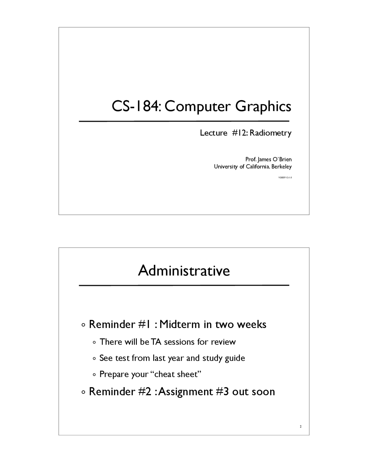 Radiometry: Measuring Light - Lecture Slides | COMPSCI 184 - Docsity