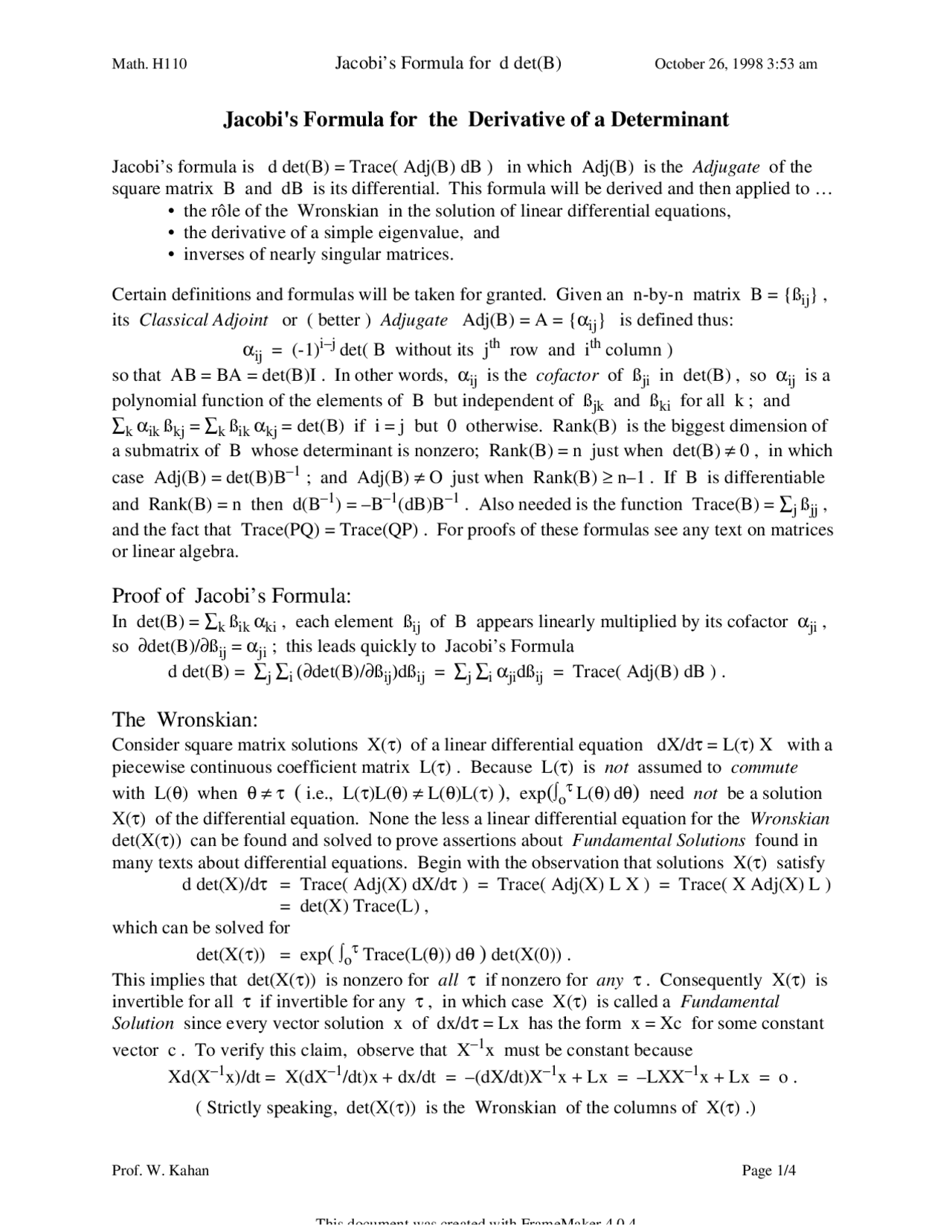 Jacobi's Formula for the Derivative of a Determinant | MATH H110 ...