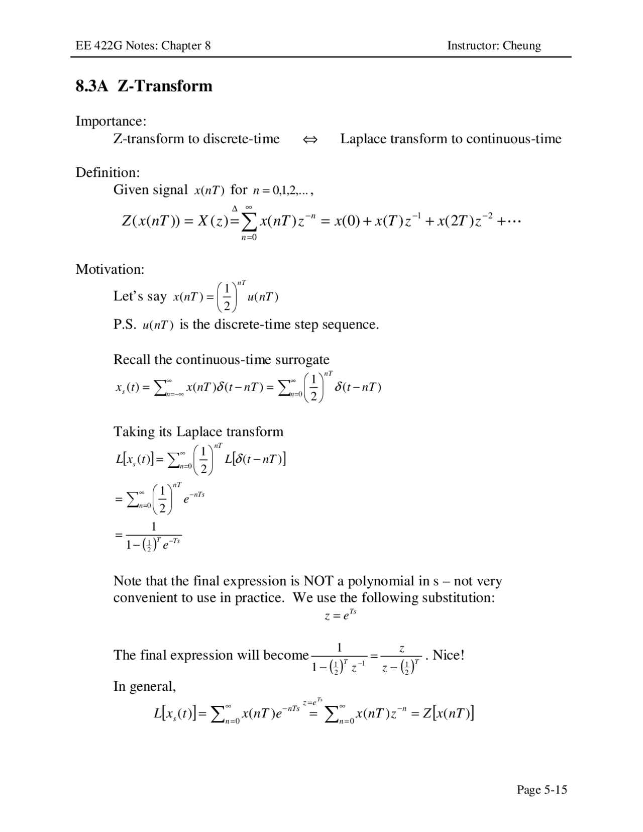 Notes On Z Transform Signals And Systems Lab Ee 422g Docsity