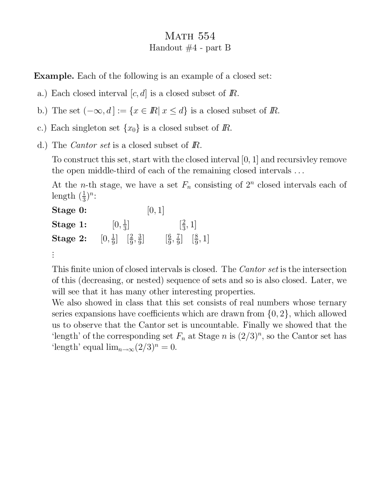Example of Closed Set - Analysis I - Handout 4 | MATH 554 - Docsity