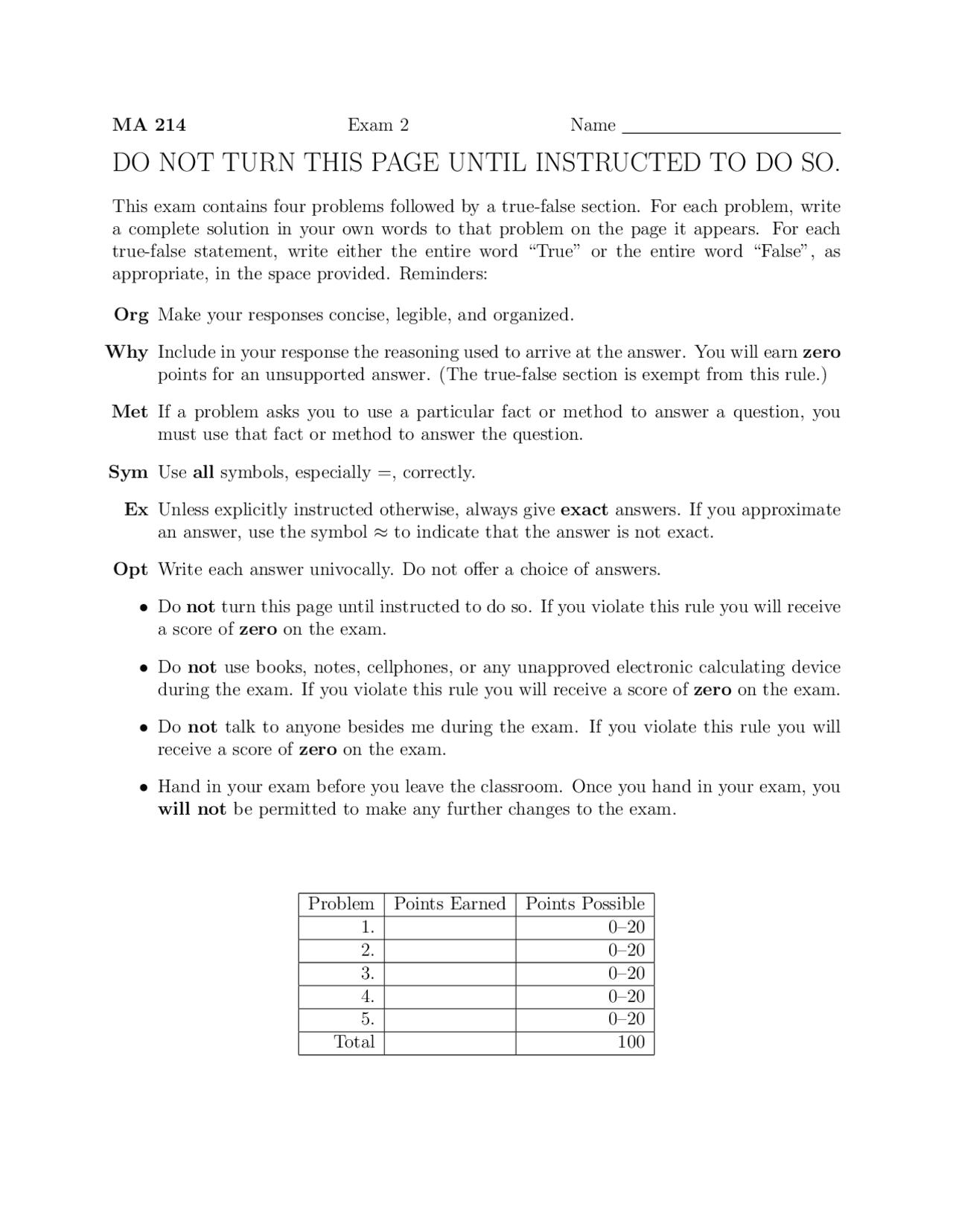 Calculus Iv Exam 2 Questions Ma 214 Docsity