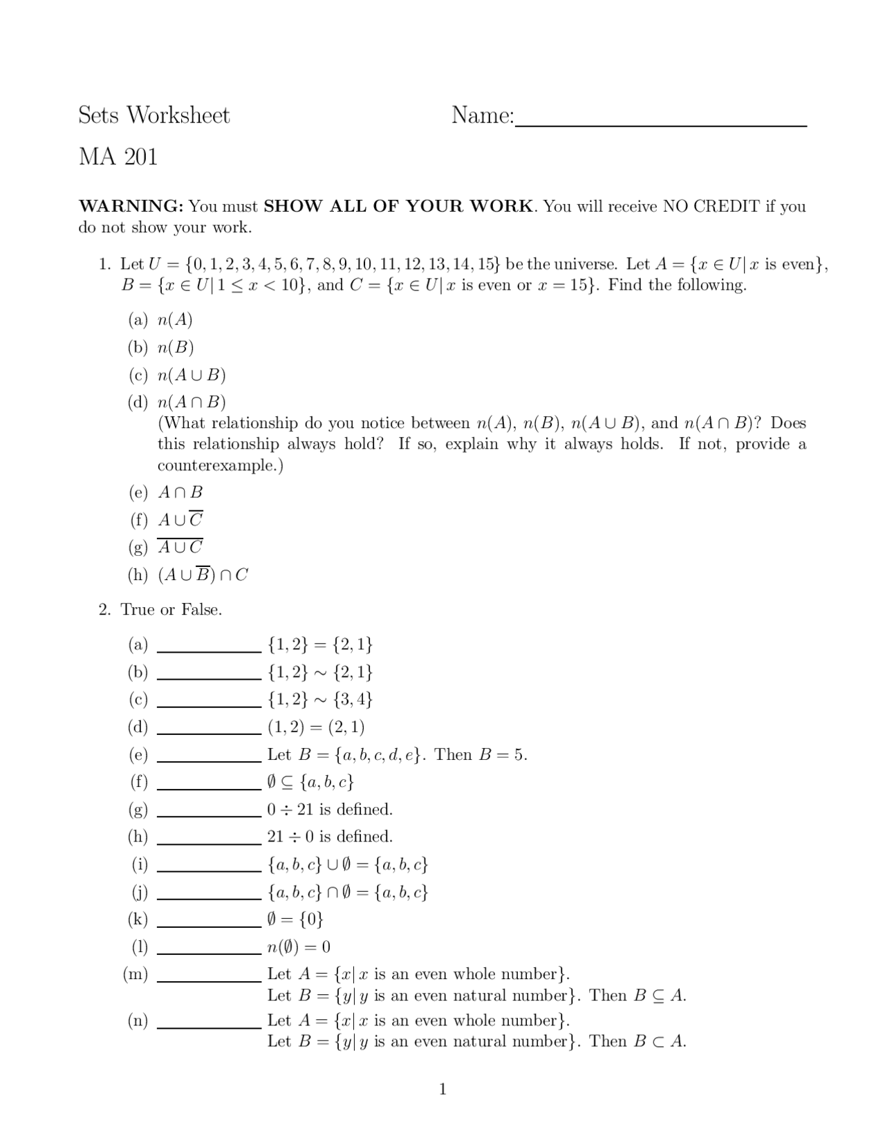 Sets Worksheet: Finding the Cardinality of Unions, Intersections, and Subsets | Assignments ...