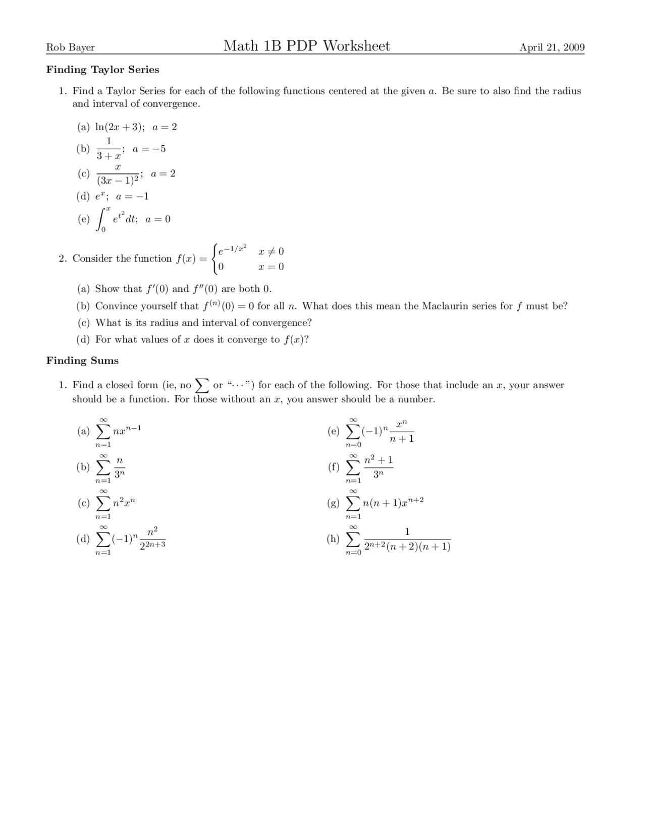 PDP Worksheet Finding Taylor Series - Calculus | MATH 1B - Docsity