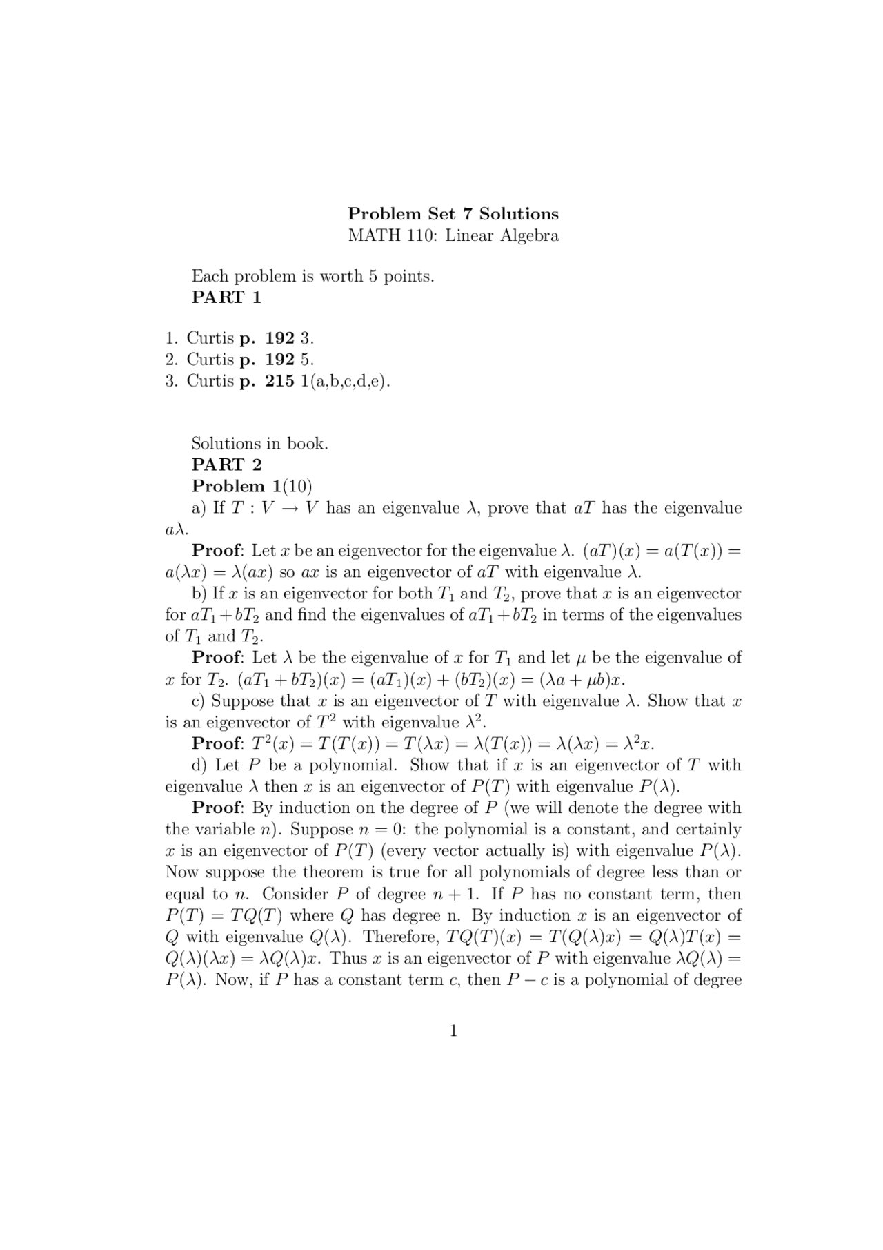 Problem Set 7 Solutions Linear Algebra Math 110 Docsity