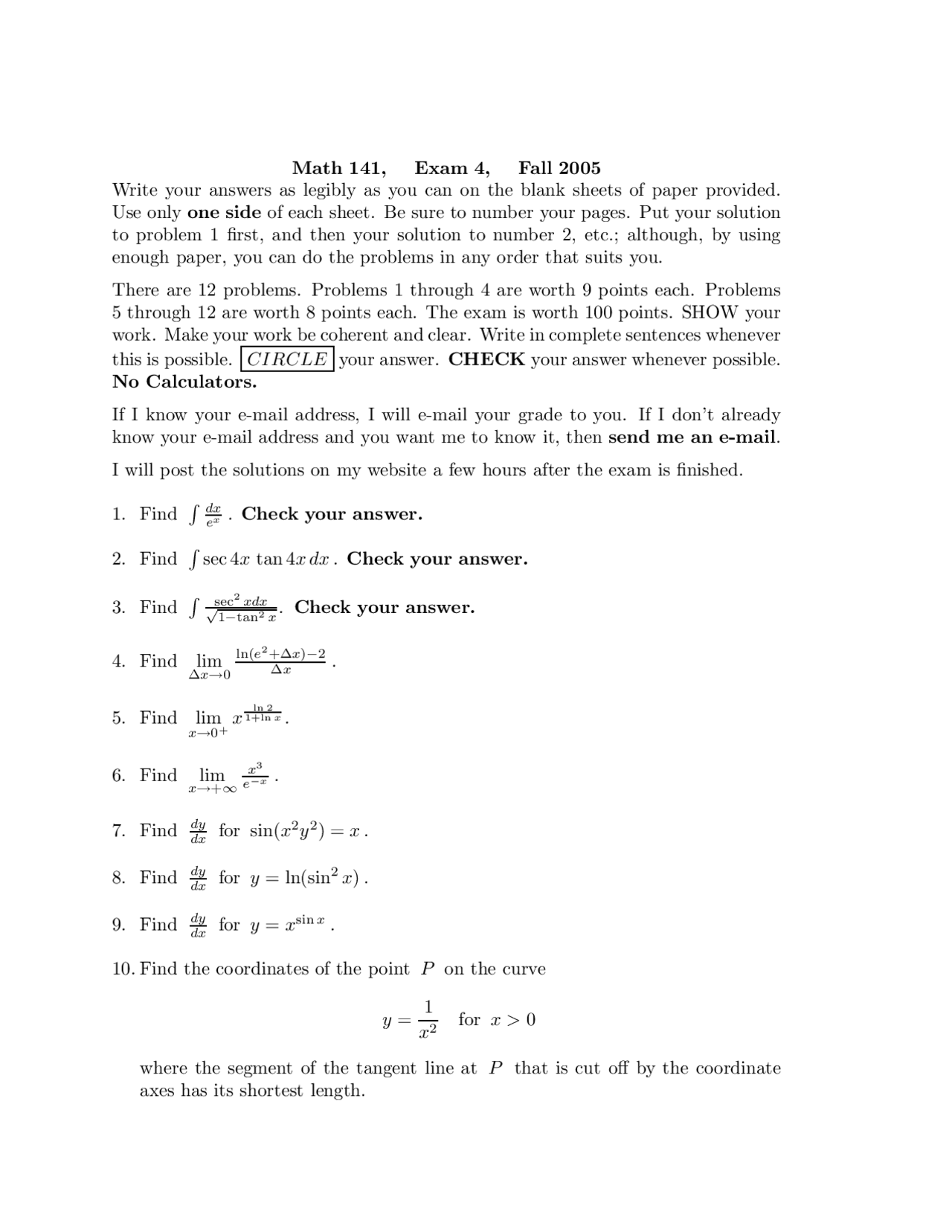 Exam 4 Practice Problems - Calculus I | MATH 141 - Docsity