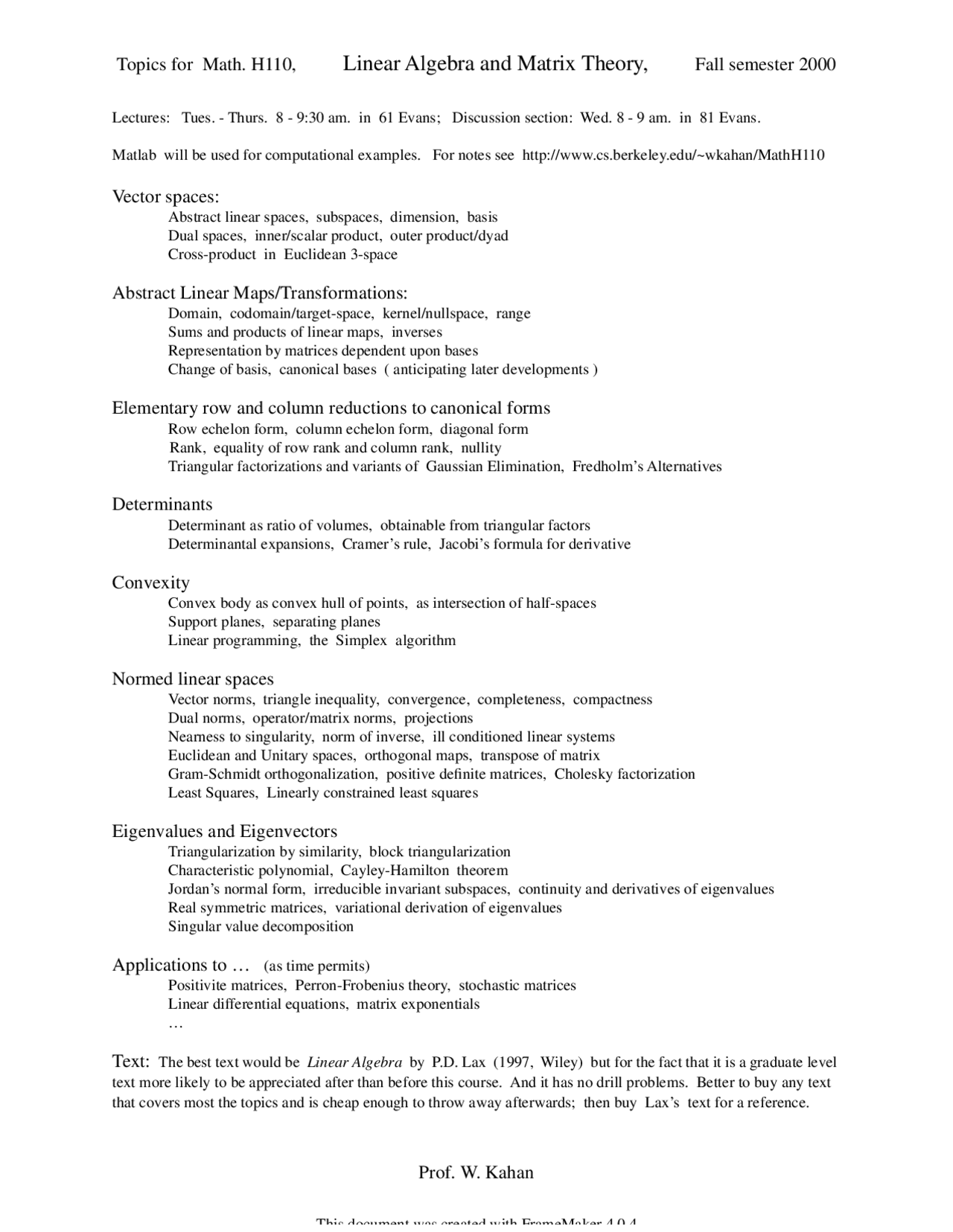 Notes on Linear Algebra and Matrix Theory | MATH H110 - Docsity
