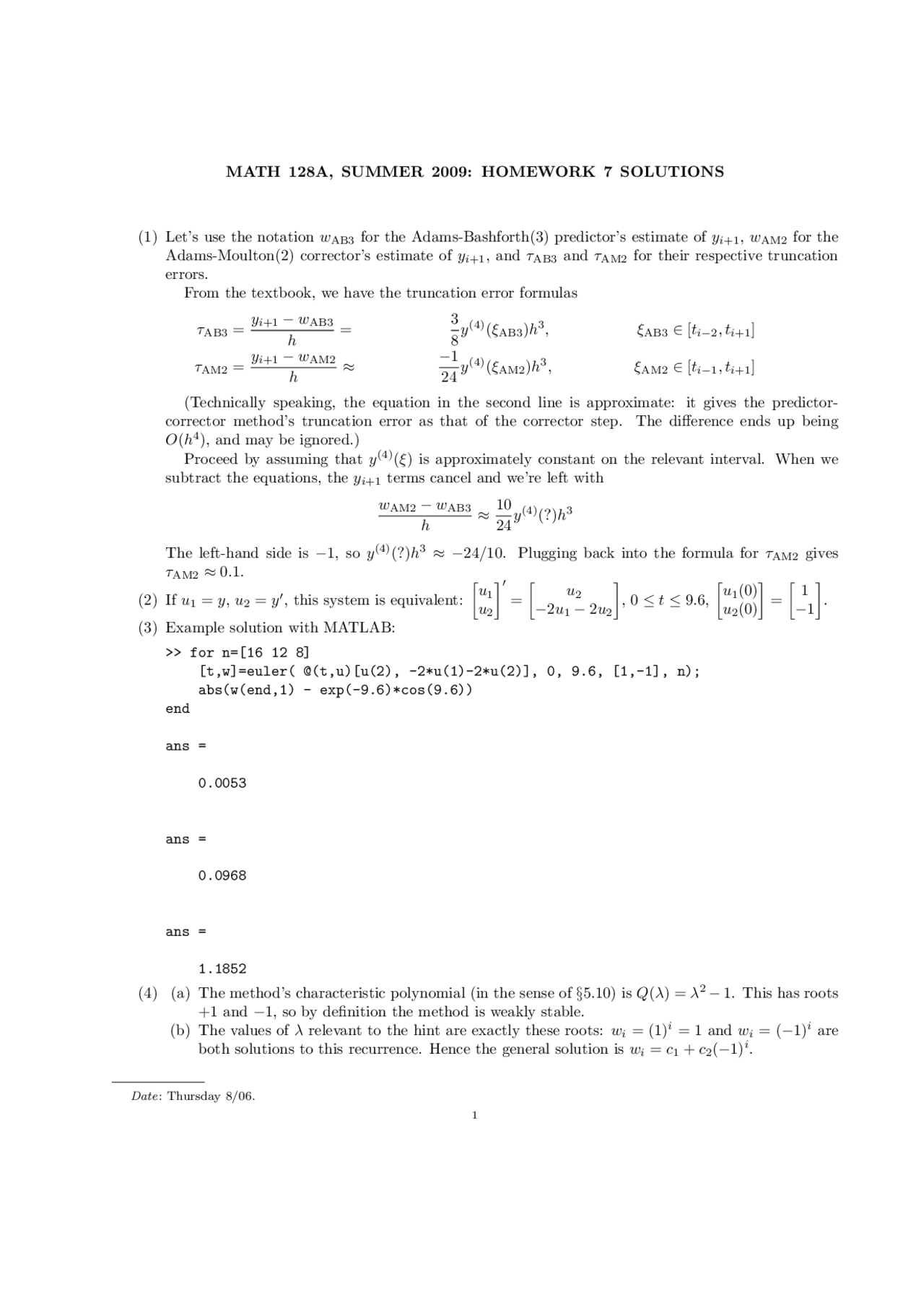 Homework 7 Solutions For Numerical Analysis Math 128a Assignments Mathematical Methods For