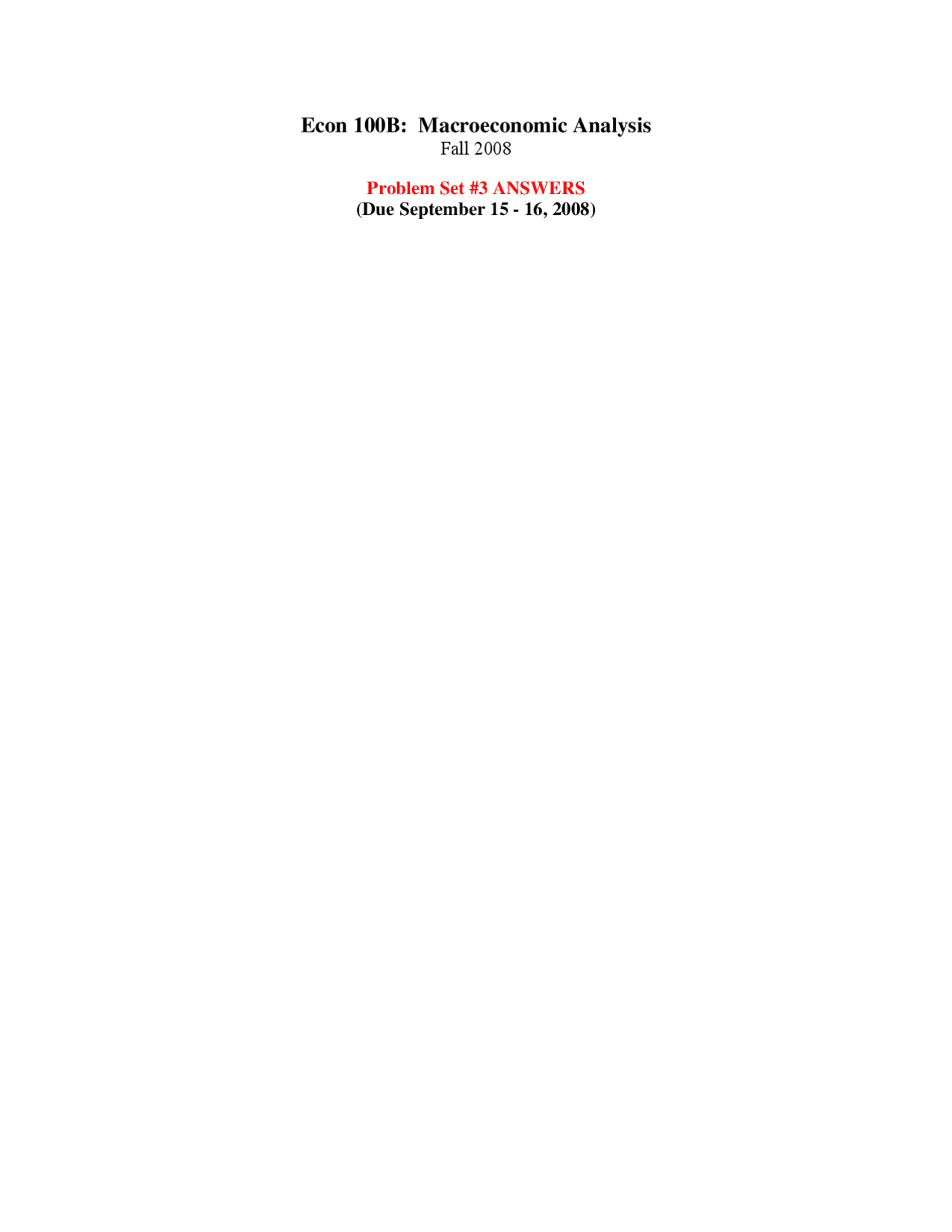 3 Solved Problems On Macroeconomic Analysis Homework 3 Econ 100b