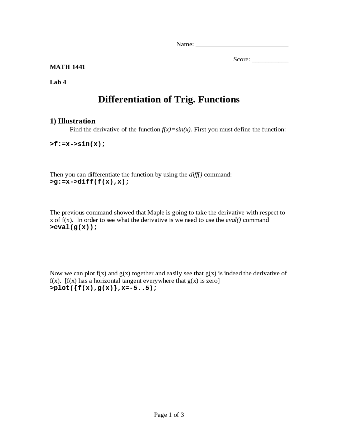 Differentiation Of Trigonometric Functions Laboratory 4 Math 1441