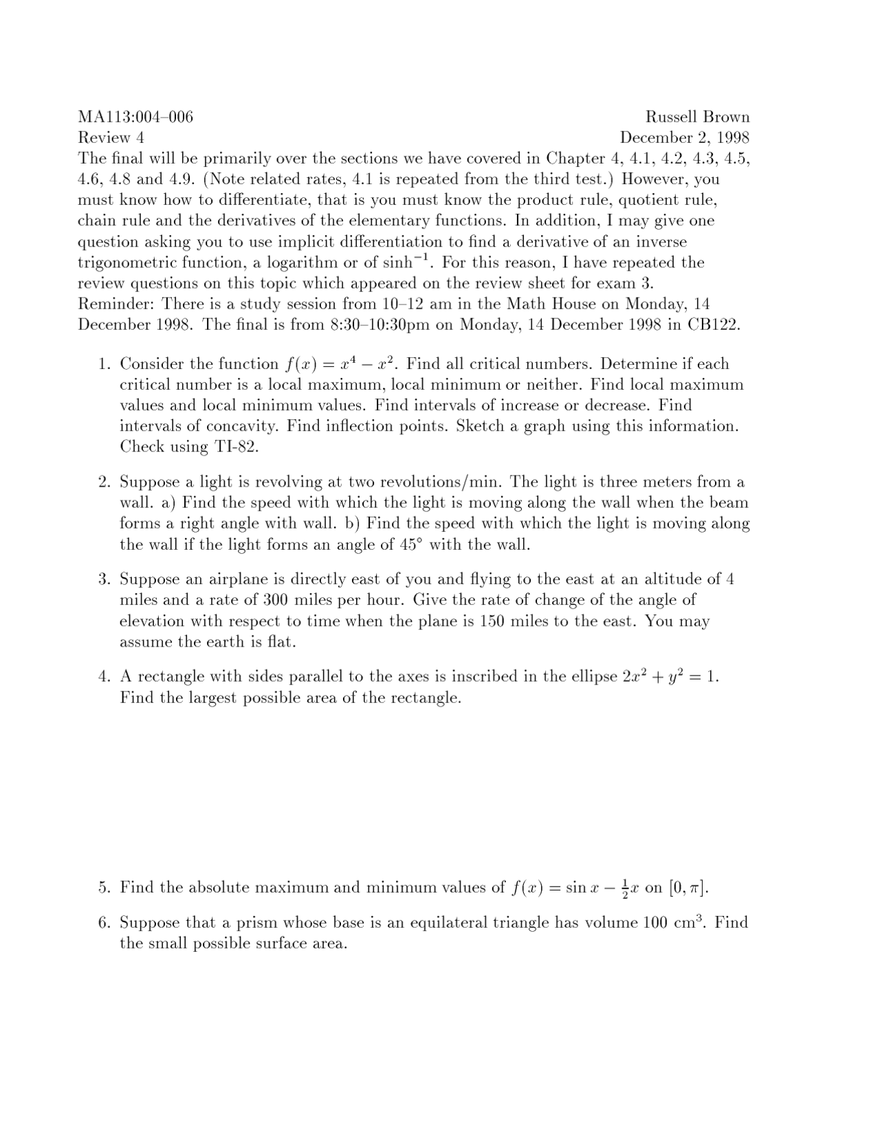Exam 4 Review Sheet For Calculus I Ma 113 Docsity