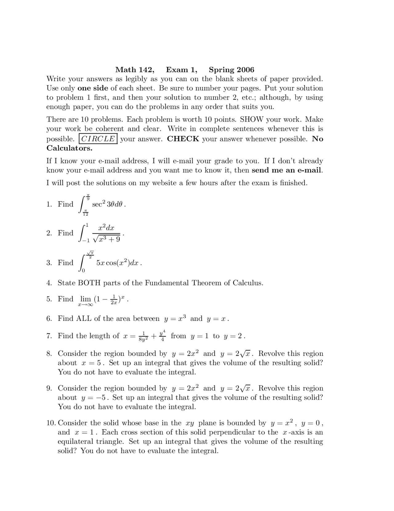 10 Problems Exam 1 - Calculus II | MATH 142 - Docsity