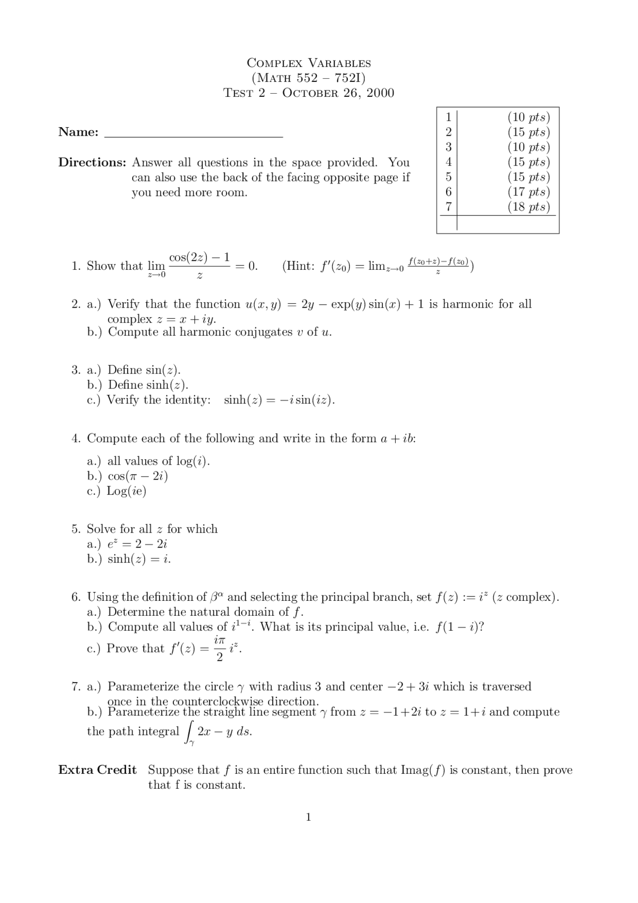7 Questions For Exam 2 Applied Complex Variables Math 552 Docsity