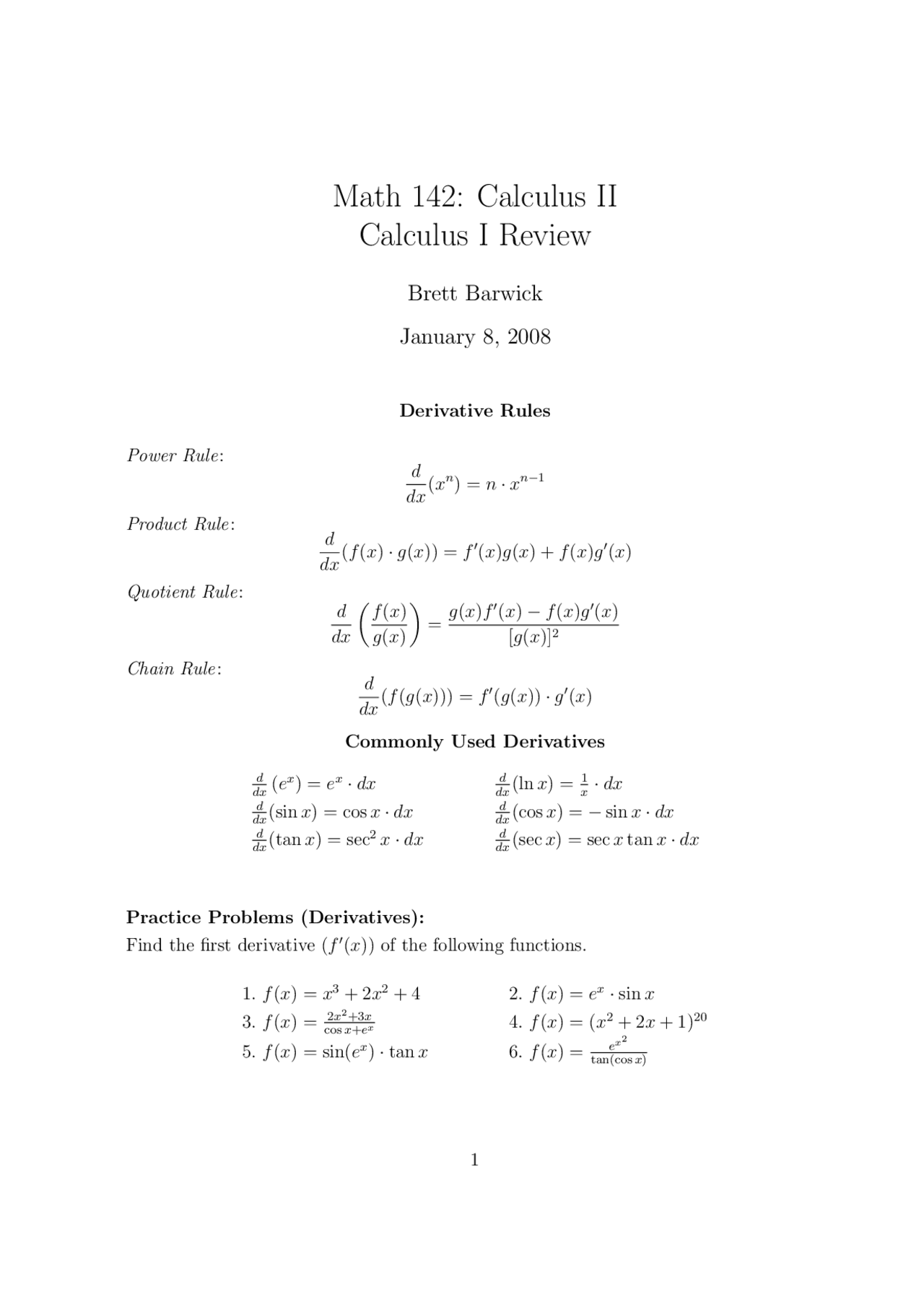 Review Sheet Derivative Rules Calculus Ii Math 142 Docsity