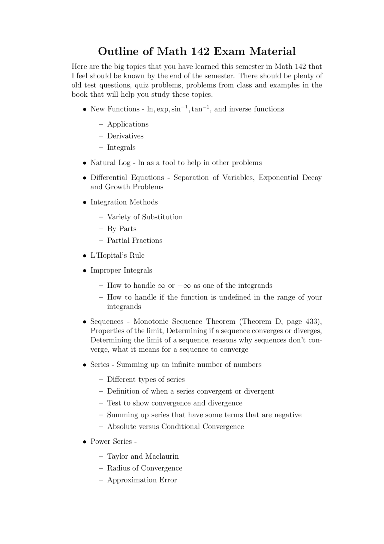 Study Materials for Exam - Calculus II | MATH 142 - Docsity