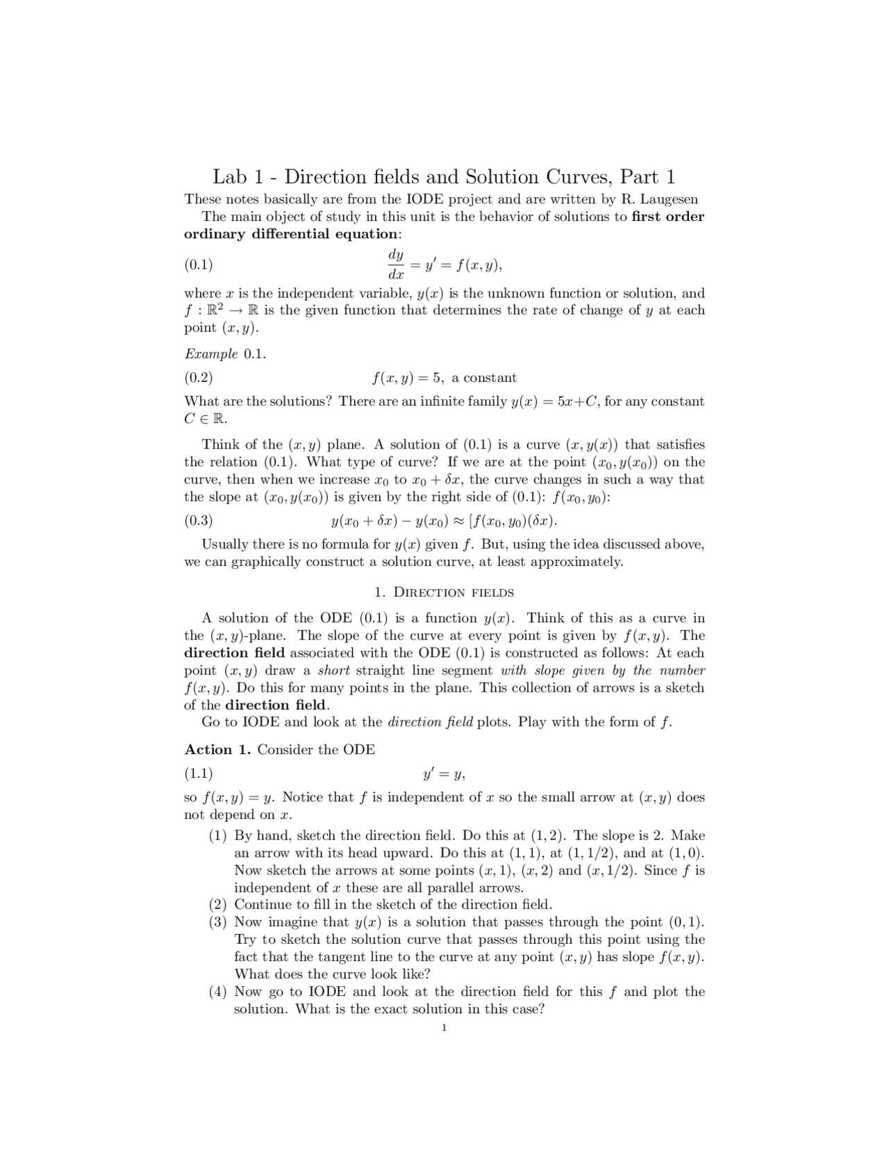 Direction Fields And Solution Curves Lab 1 Ma 214 Docsity