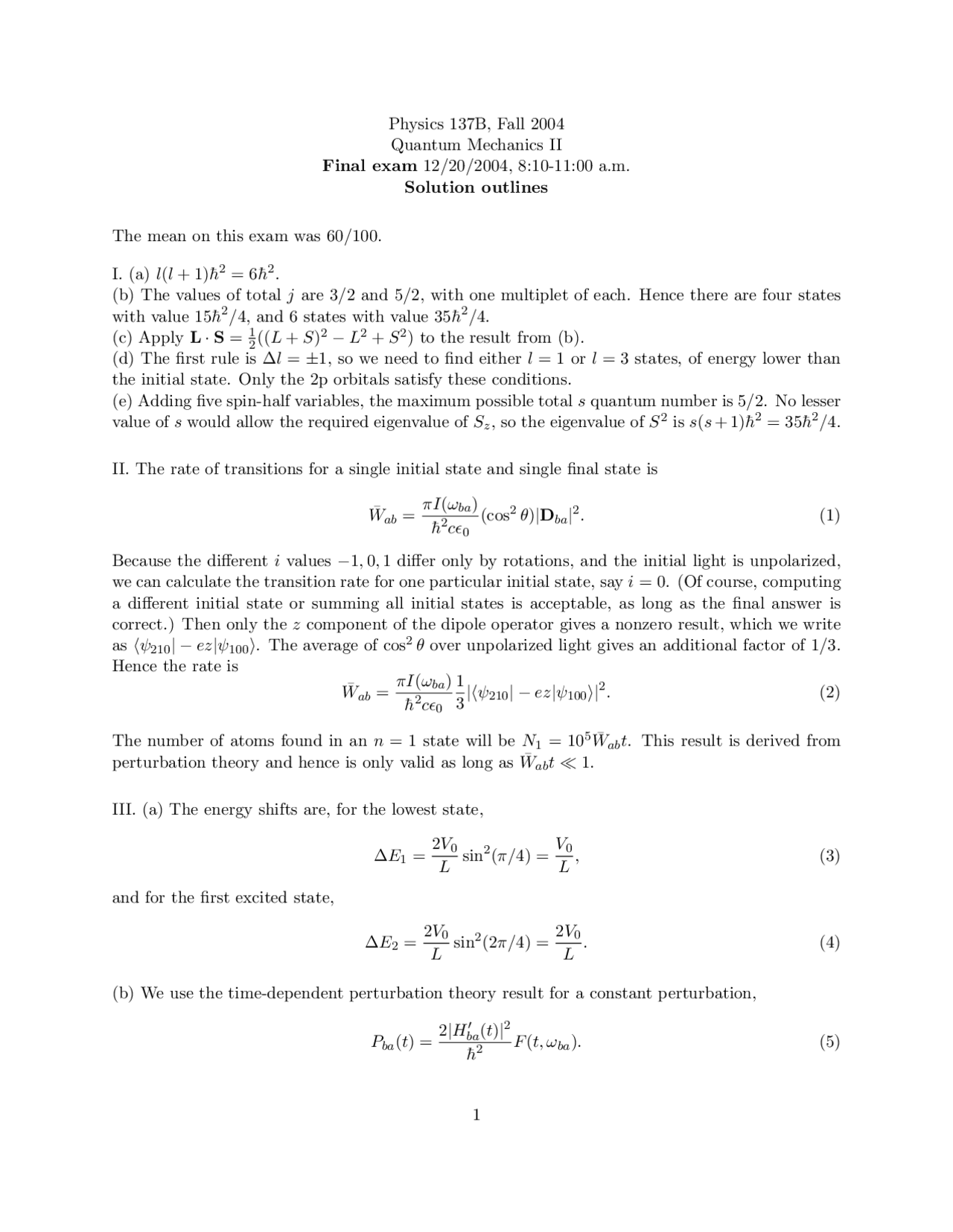 5 Solved Problems in Final Exam on the Quantum Mechanics | PHYSICS 137B - Docsity
