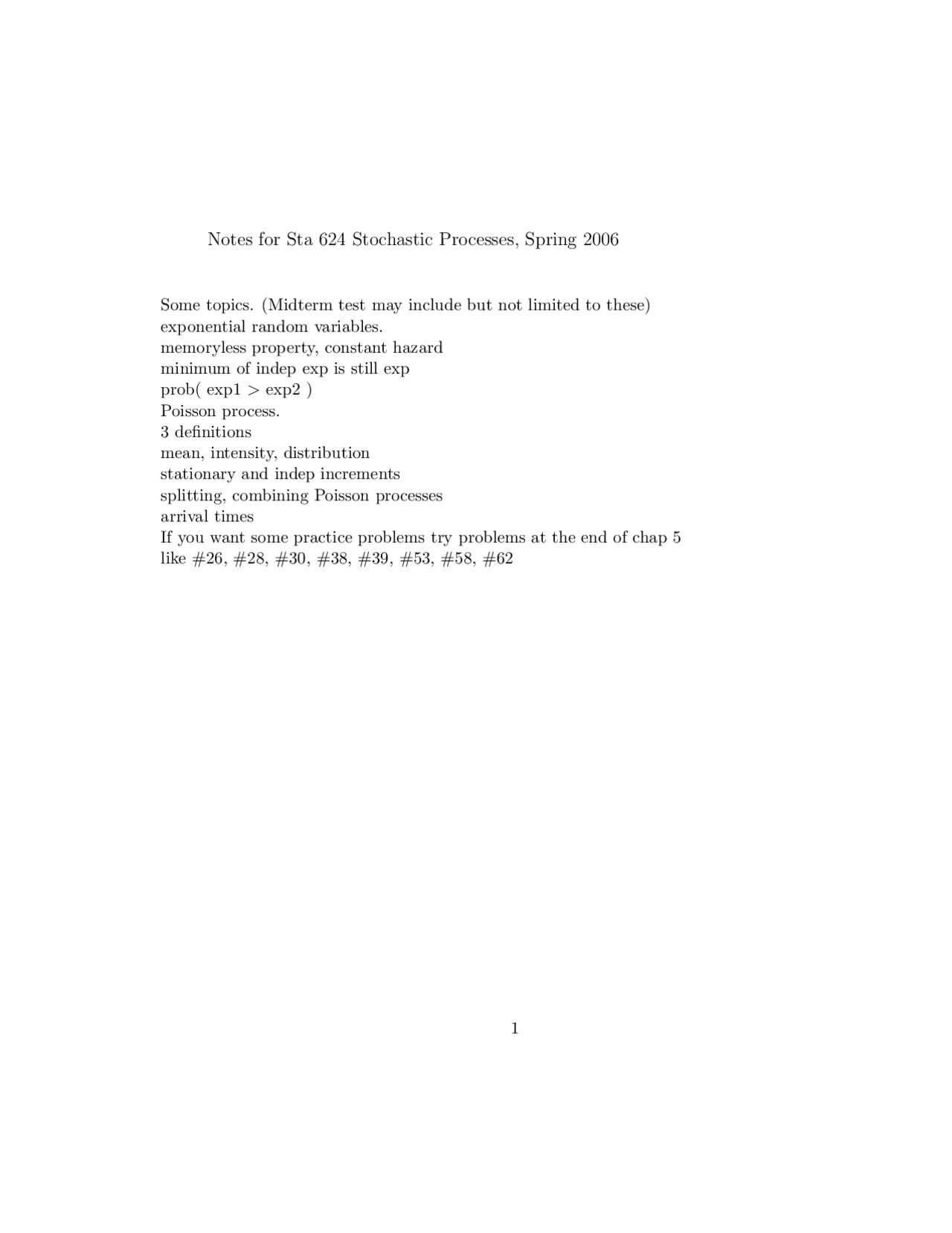 Review Sheet For Midterm Exam Applied Stochastic Processes Sta 624