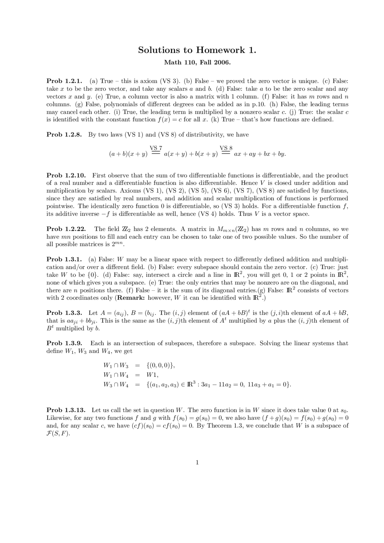 Linear Algebra Solutions To Homework 1 Math 110 Docsity