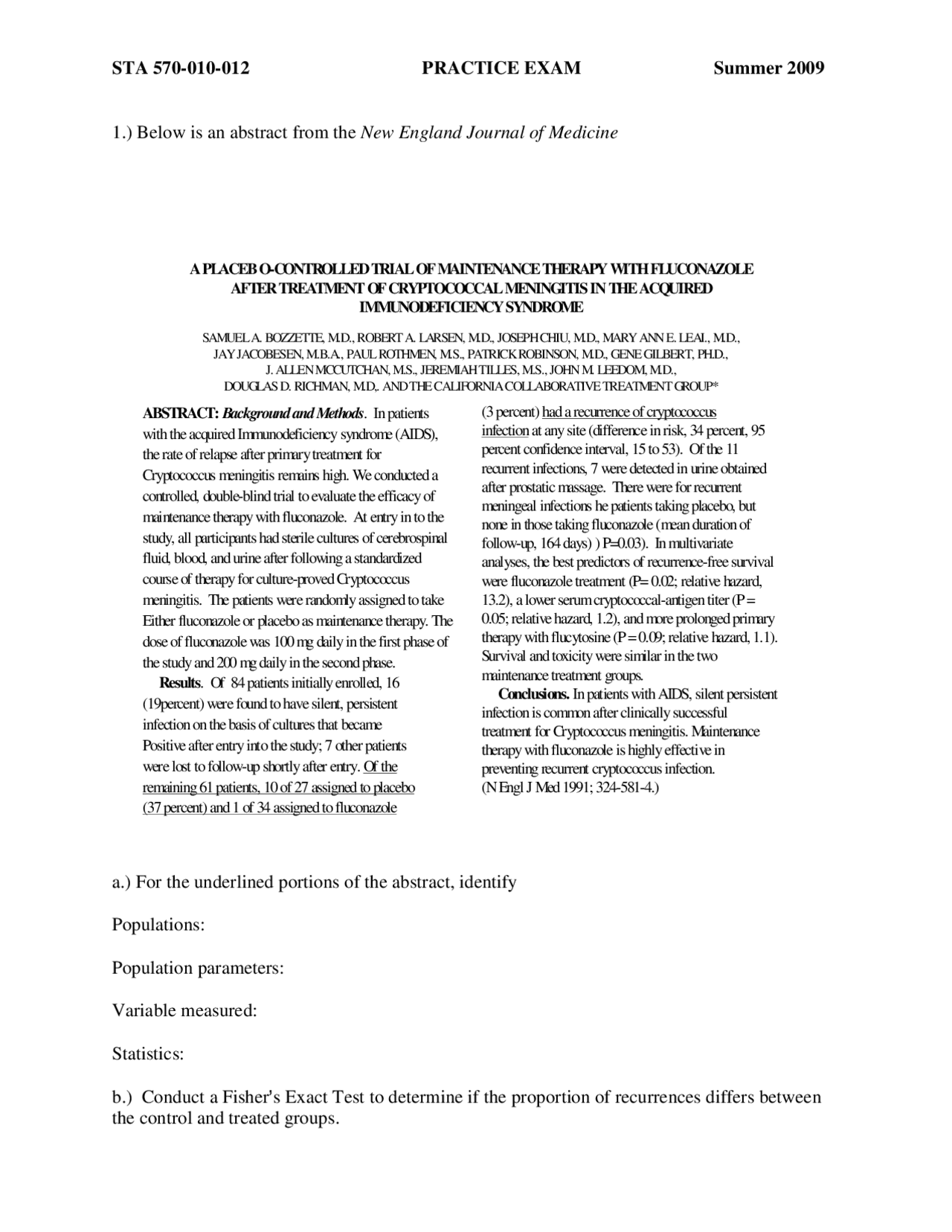 Practice Exam Questions On Basic Statistic Analysis Fall 2009 Sta