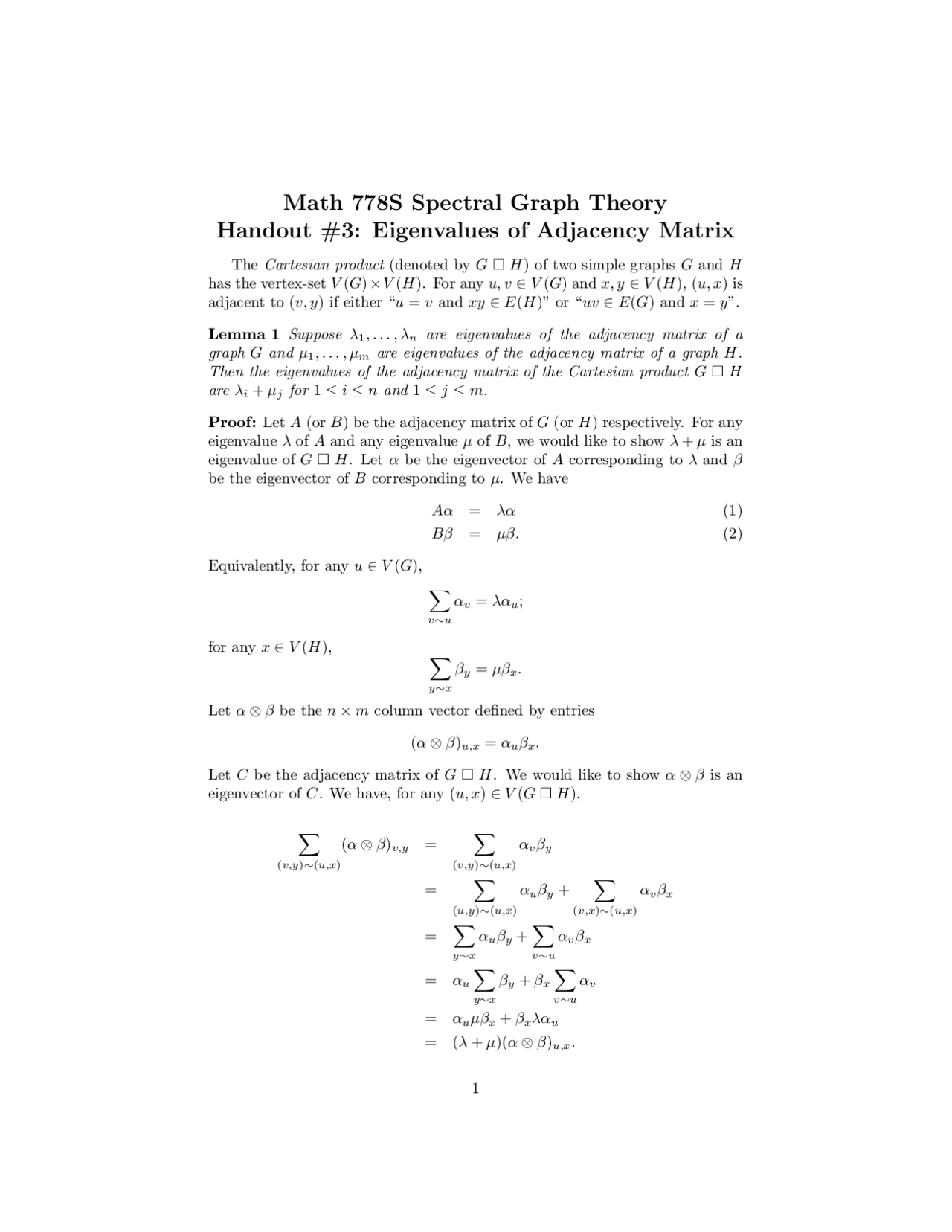 Eigenvalues Of Adjacency Matrix Homework Iii Math 778s Docsity