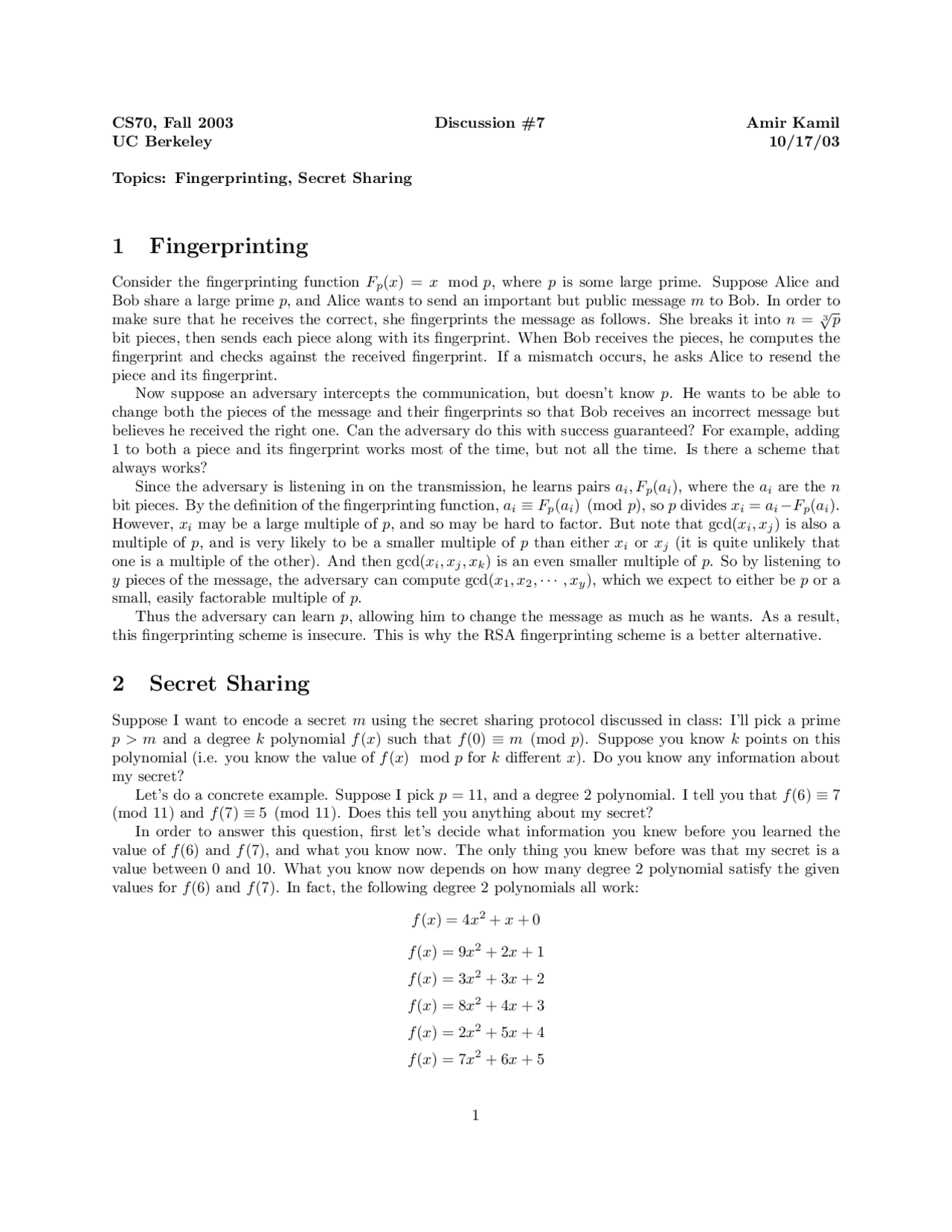 Notes On Fingerprinting And Secret Sharing Discrete Mathematics Compsci 70 Docsity