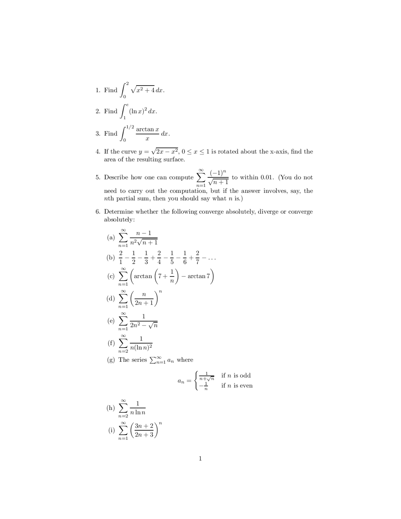 Calculus Problems: Integration, Series and Limits | Exams Calculus | Docsity