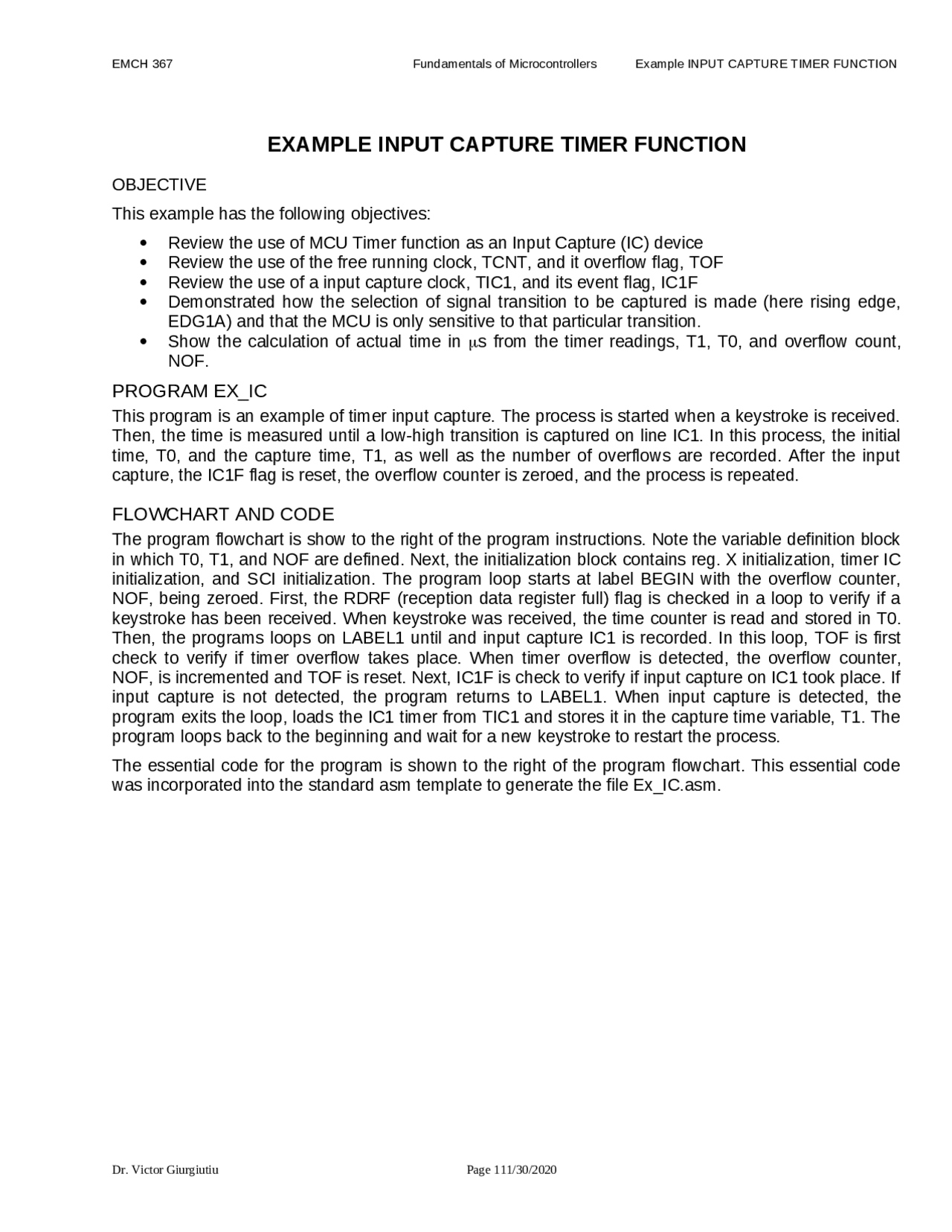 Example Input Capture Timer Function Lecture Slides Emch 367 Docsity