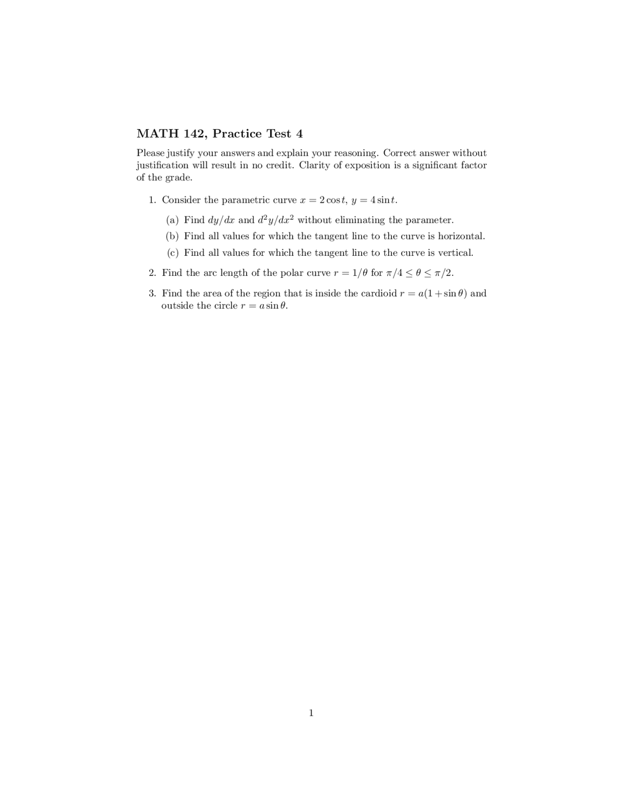 Calculus Ii Practice Exam 4 Questions Math 142 Docsity