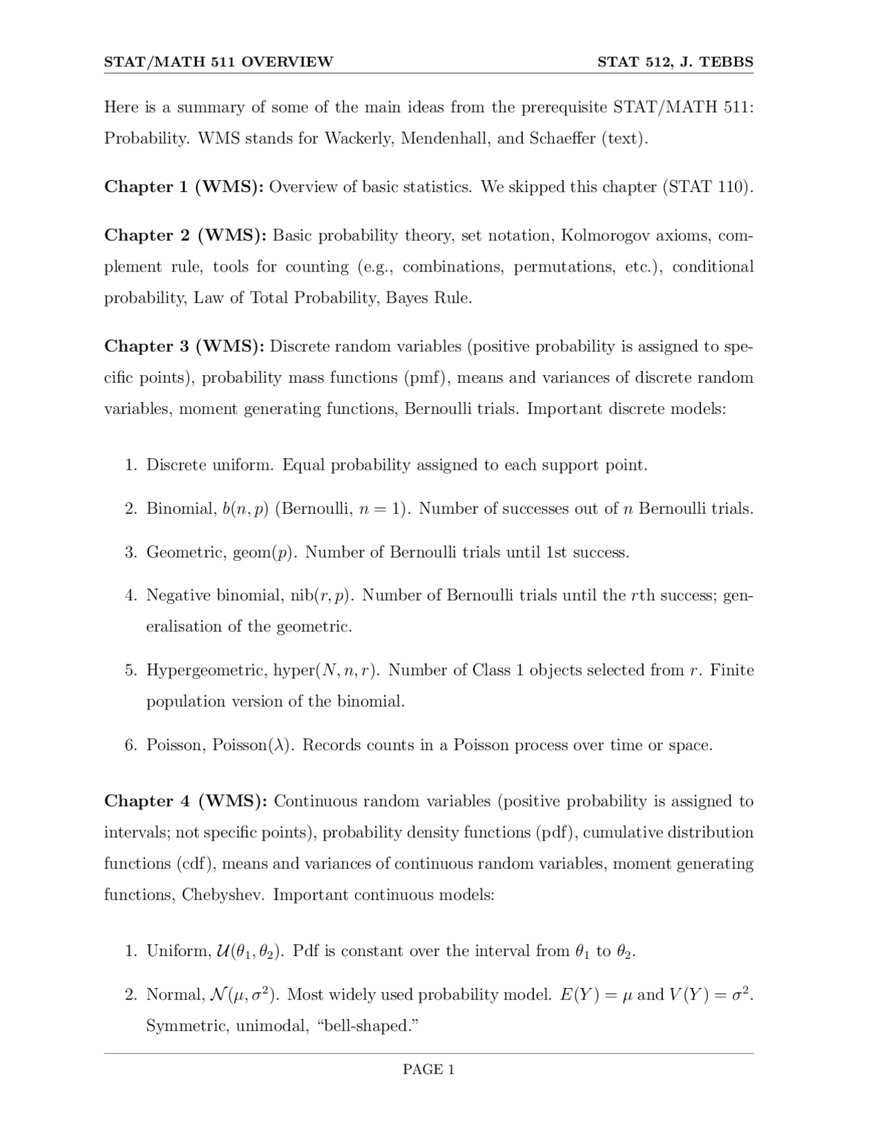 Overview for Probability Theory I | MATH 511 - Docsity