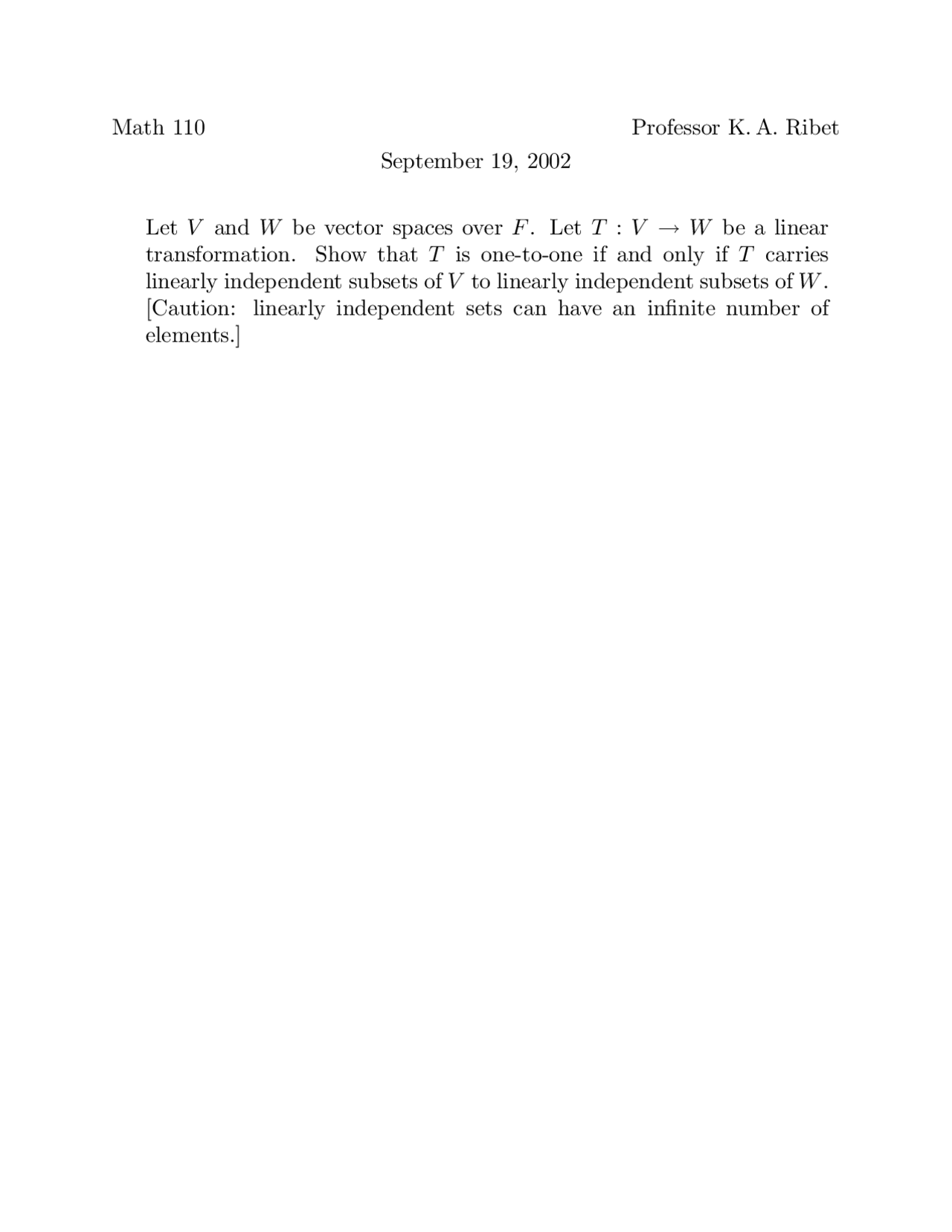 Quiz 2 For Linear Algebra 2002 Math 110 Docsity