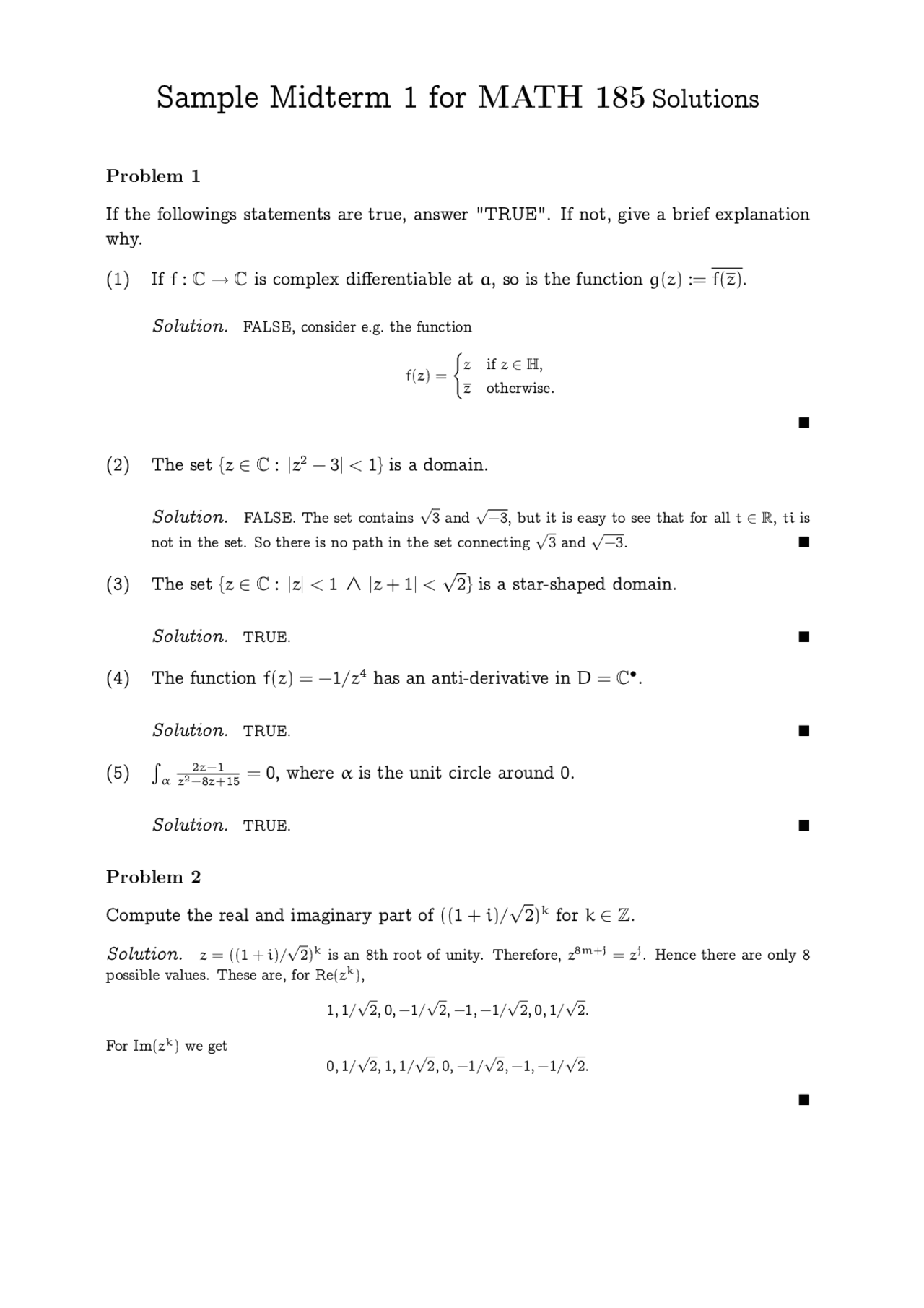 2 Problems With Solutions Introduction To Complex Analysis Math 185