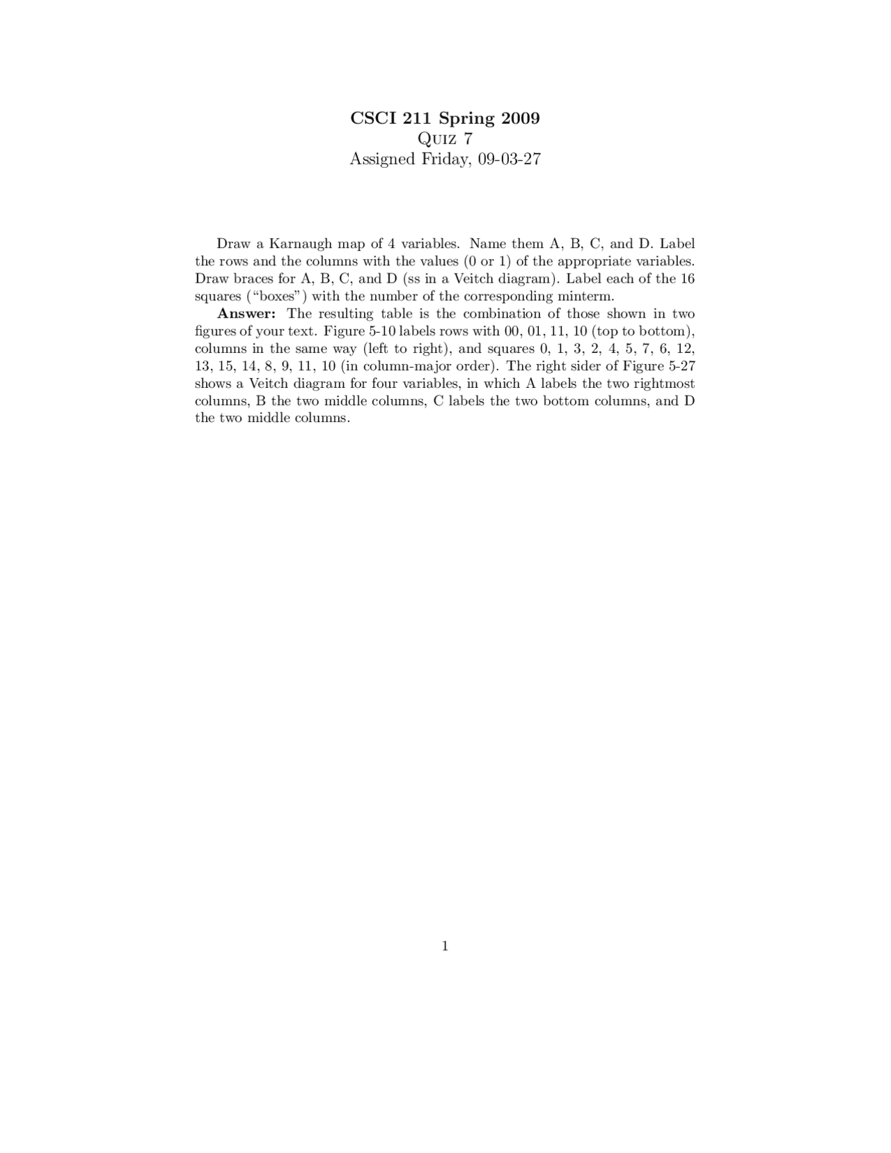 Quiz 7 Digital Logic Design Spring 2009 Csce 211 Docsity